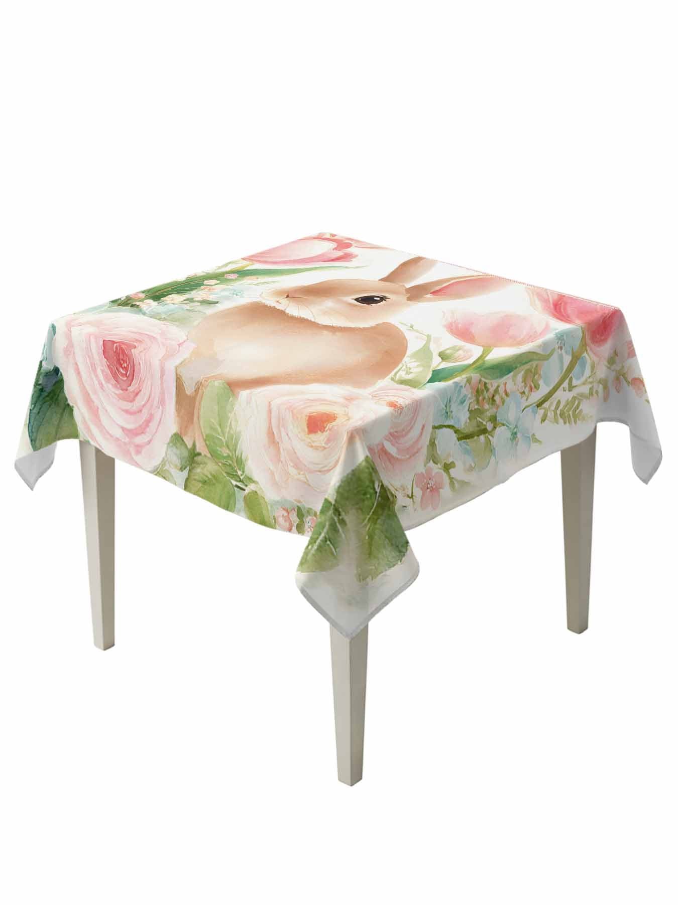 Easter Bunny Suqare Tablecloth - 54 x 54 Inch, Pink Tulip Flowers ...