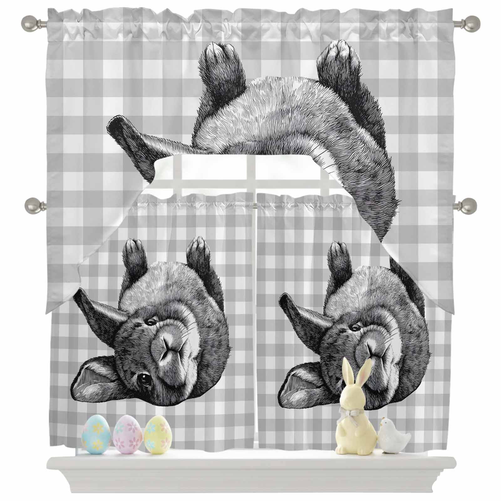 Easter Bunny Swag Curtains Valance & Tier Set, Cute Gray Rabbit Farm ...
