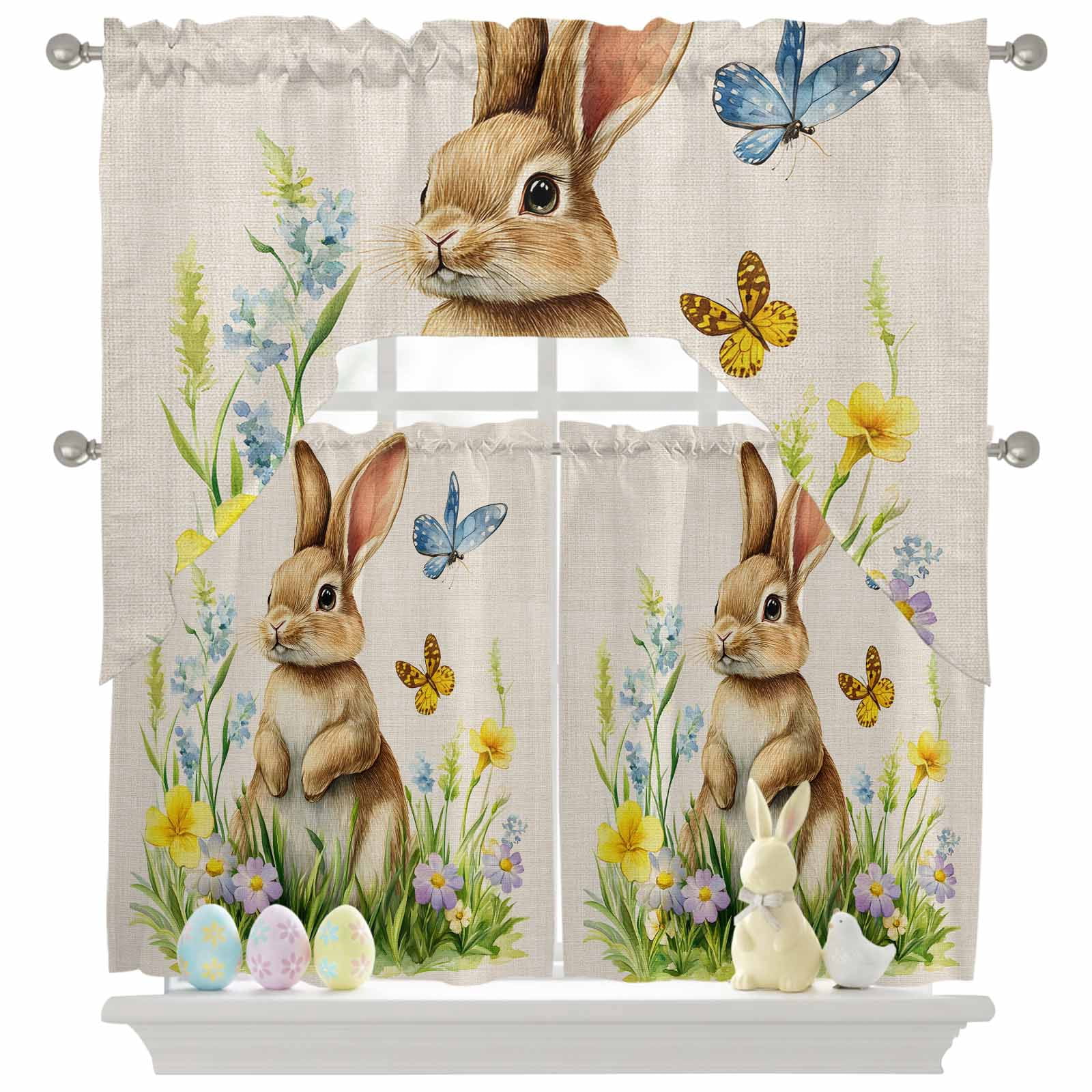Easter Bunny Swag Curtains Valance & Tier Set, Flower Rabbit 3 Pcs Set ...