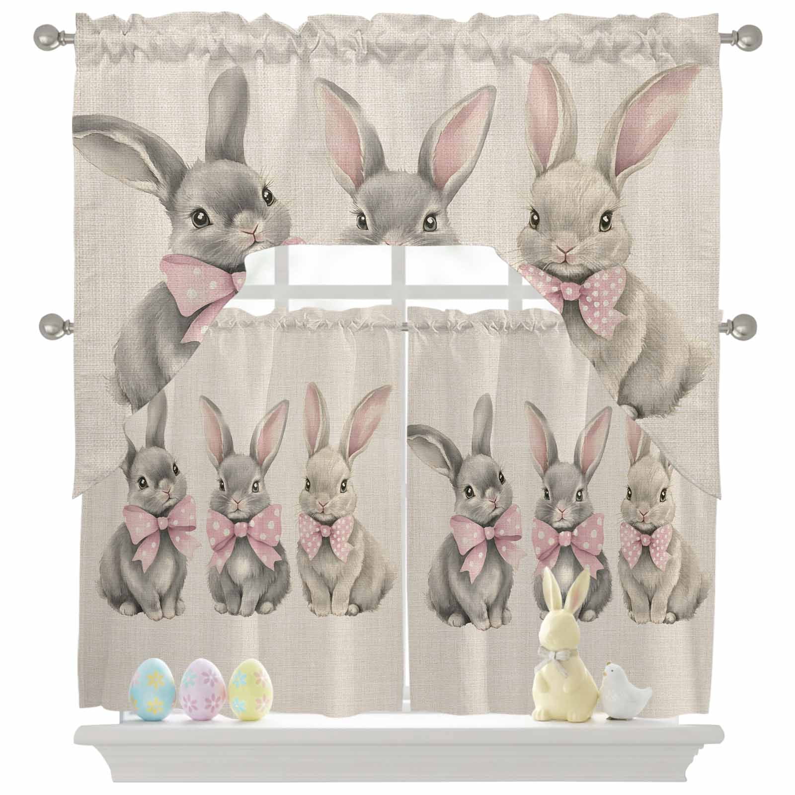 Easter Bunny Swag Curtains Valance & Tier Set, Gray Rabbit 3 Pcs Set ...
