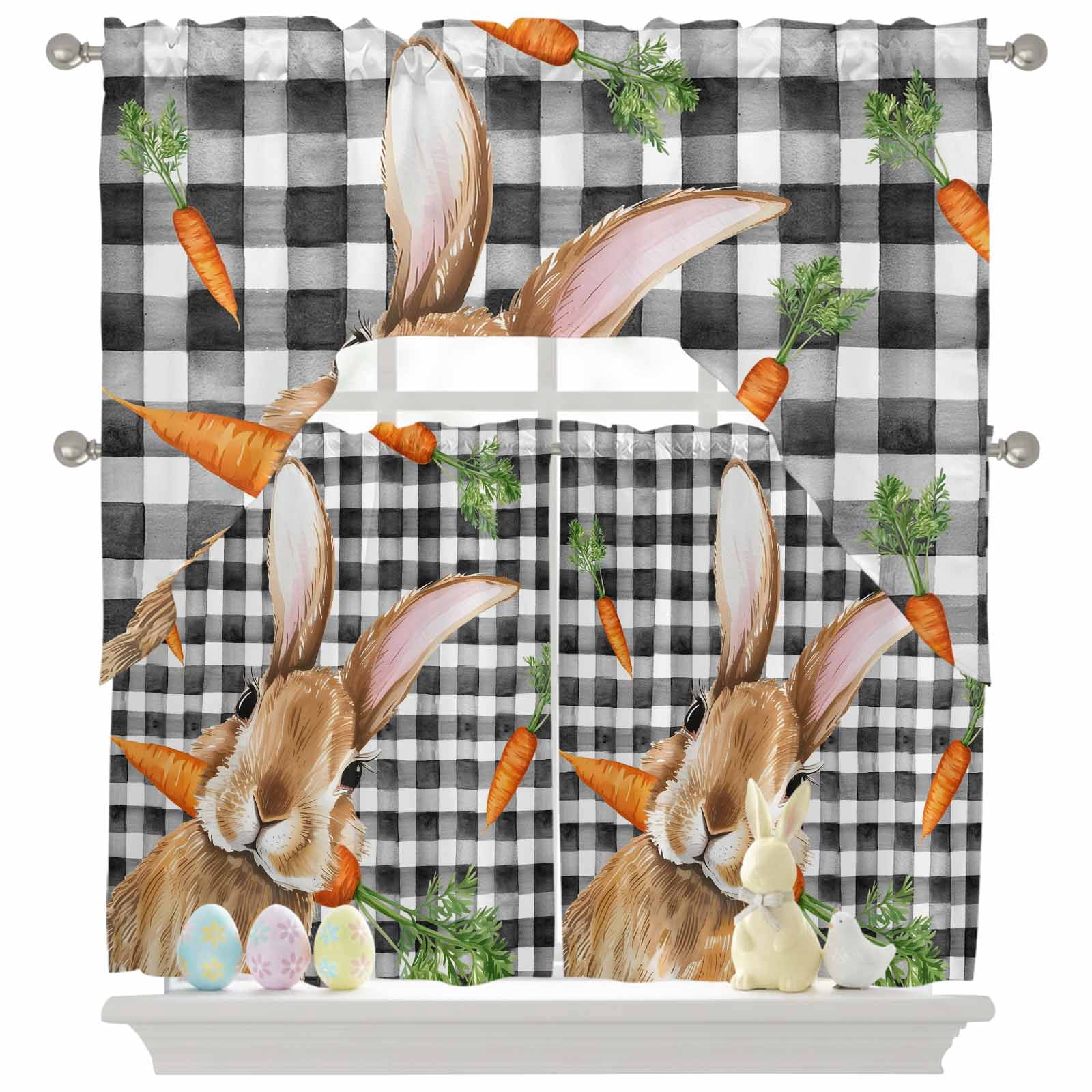 Easter Bunny Swag Curtains Valance & Tier Set, Watercolor Brown Rabbit ...