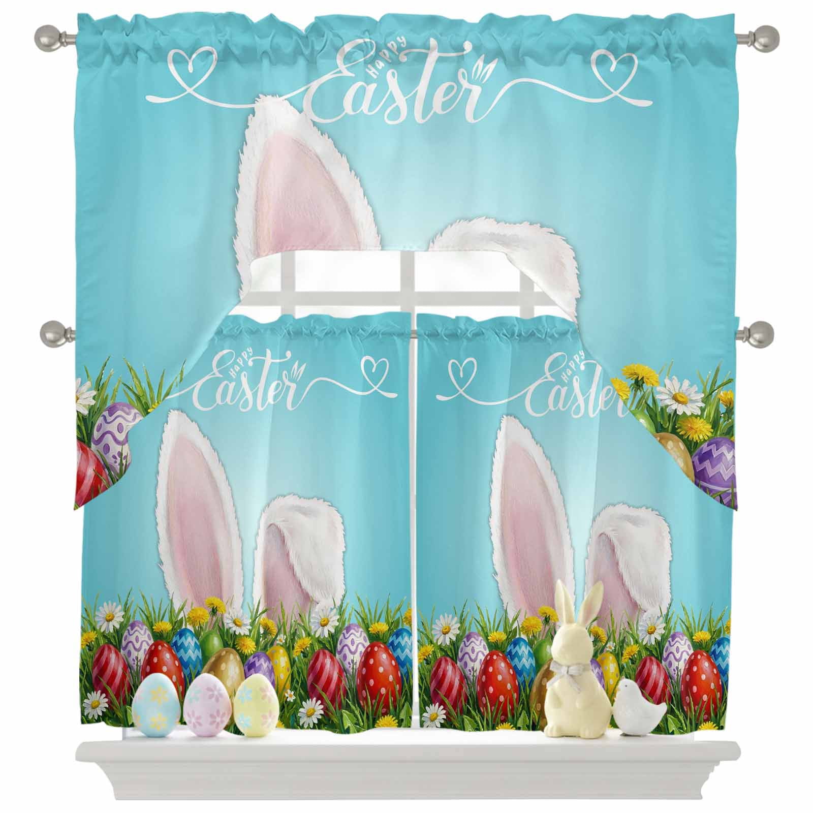 Easter Bunny Swag Curtains Valance & Tier Set, Watercolor Rabbit ...