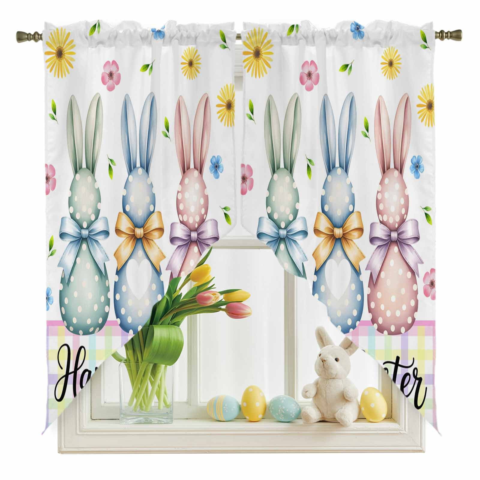 Easter Bunny Swag Valance Curtains Colorful Eggs Bow Rabbit Flower ...