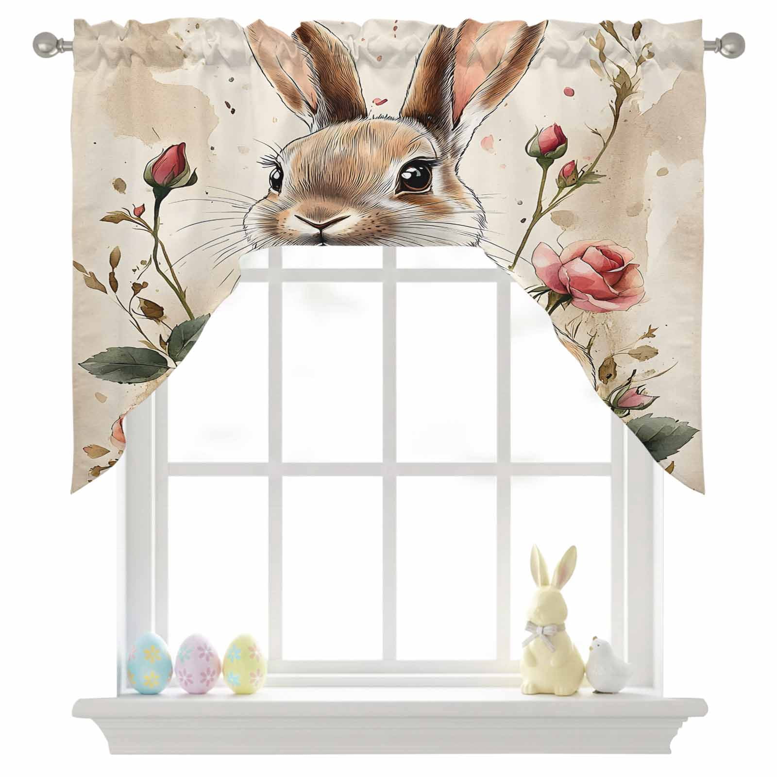 Easter Bunny Swag Valances for Kitchen Window, Vintage Watercolor Brown ...