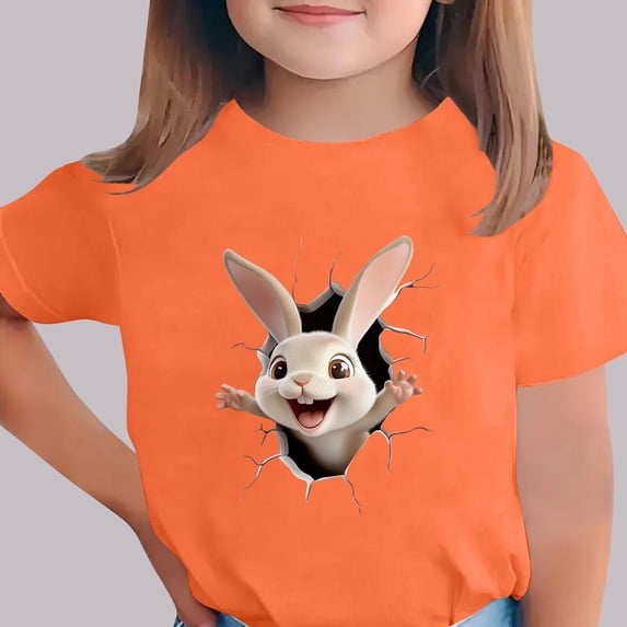 Easter Bunny T-Shirt for Girls Kids 3D Cracked Graphic Tee Orange Short ...
