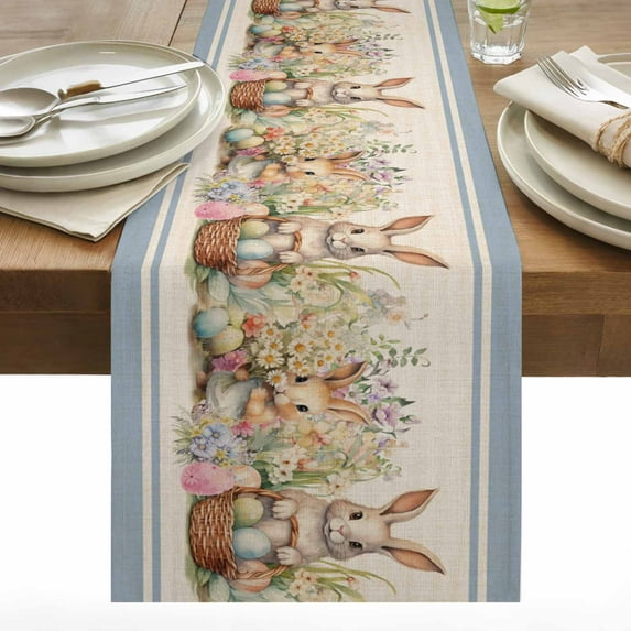 Easter Bunny Table Runner 13x108 inch Rabbit Eggs Daisy Spring Flowers ...
