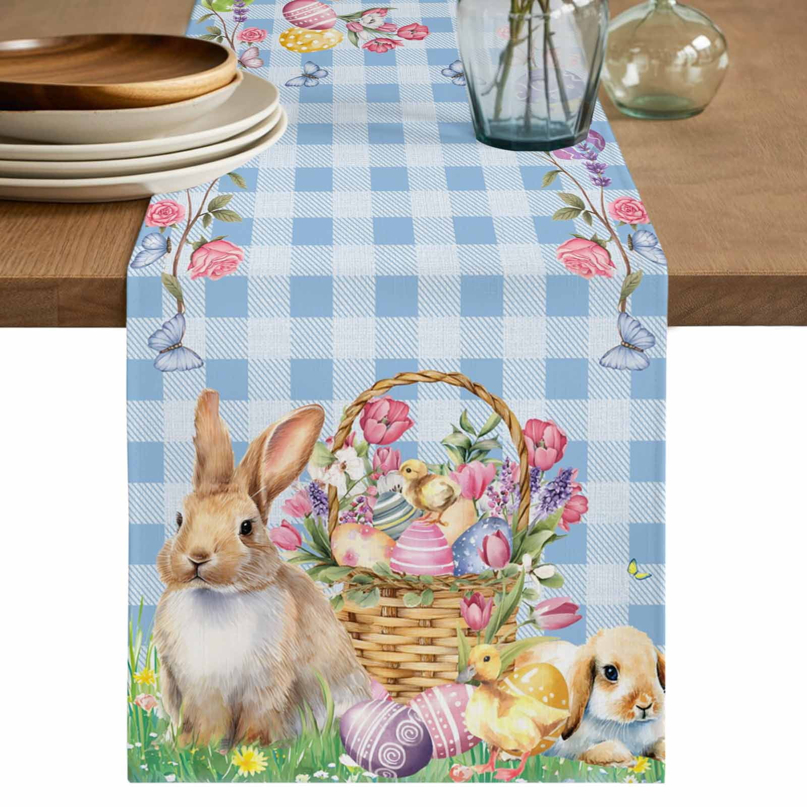 Easter Bunny Table Runner 36 Inches, Spring Easter Eggs Floral Blue ...