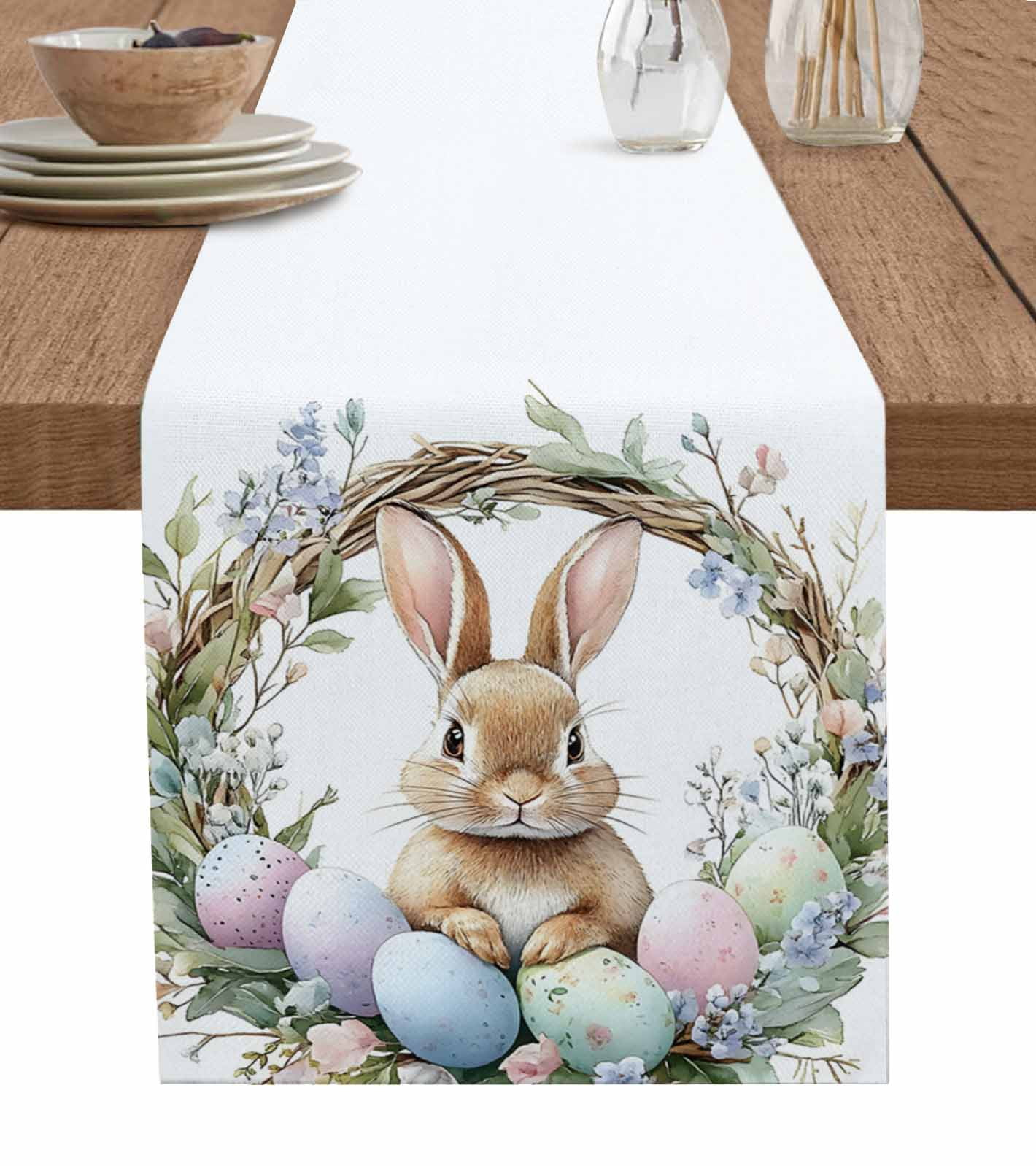 Easter Bunny Table Runner 72 Inches, Colorful Eggs Watercolor ...