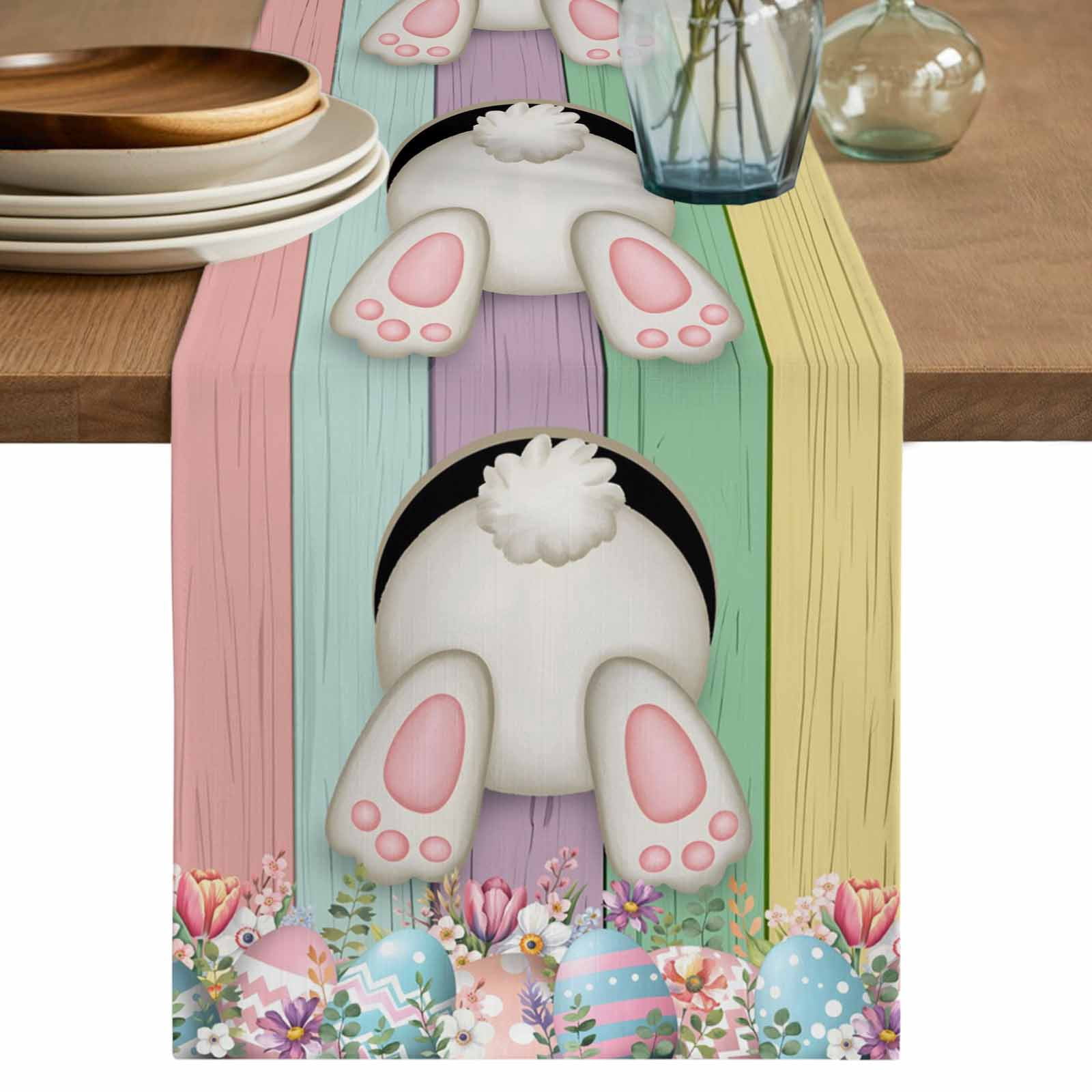 Easter Bunny Table Runner 72 Inches, Cute Rabbit Eggs Flowers Colorful ...