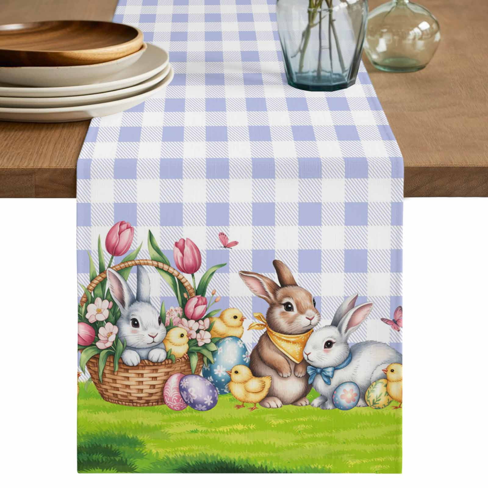 Easter Bunny Table Runner 72 Inches, Cute Rabbits Chickens Flowers ...