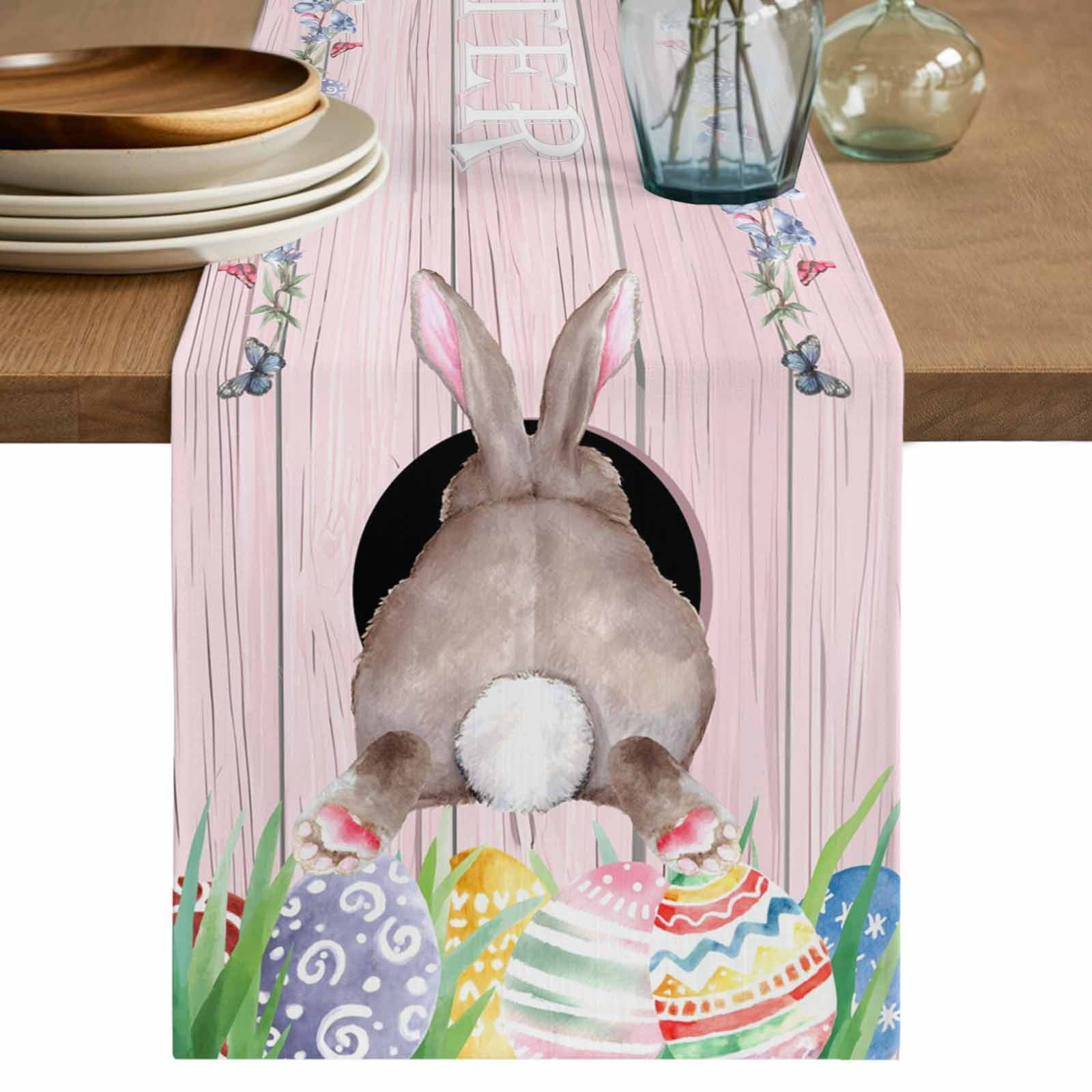 Easter Bunny Table Runner 72 Inches, Eggs Cute Rabbit Pink Wooden Grain ...