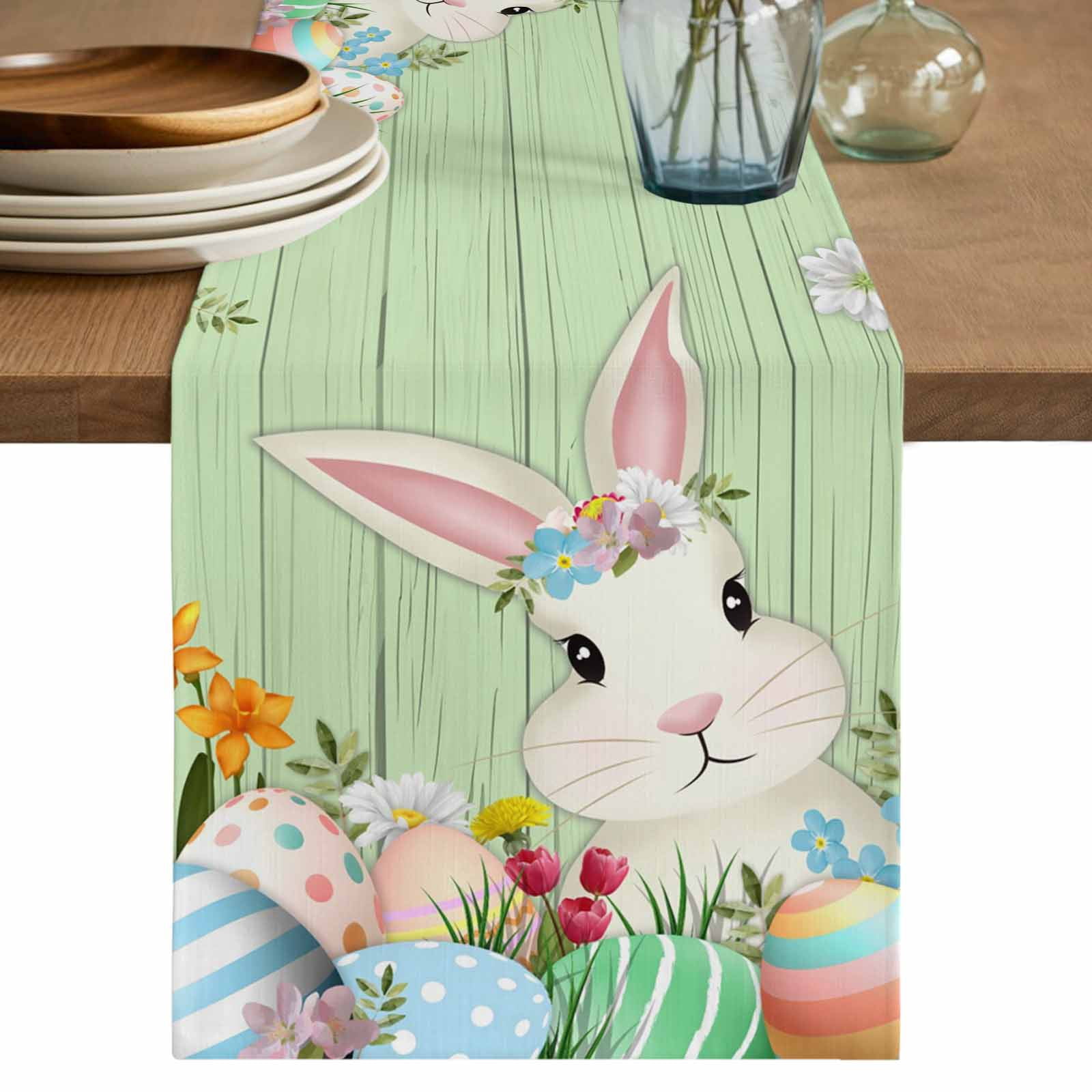 Easter Bunny Table Runner 72 Inches, Farmhouse Colorful Eggs Tulip Wood ...