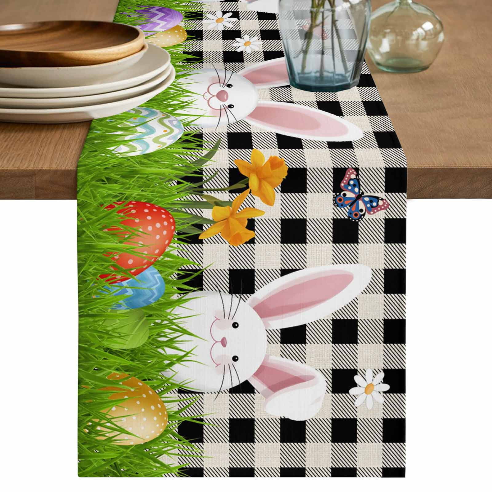 Easter Bunny Table Runner 72 Inches, Spring Easter Eggs Floral White ...