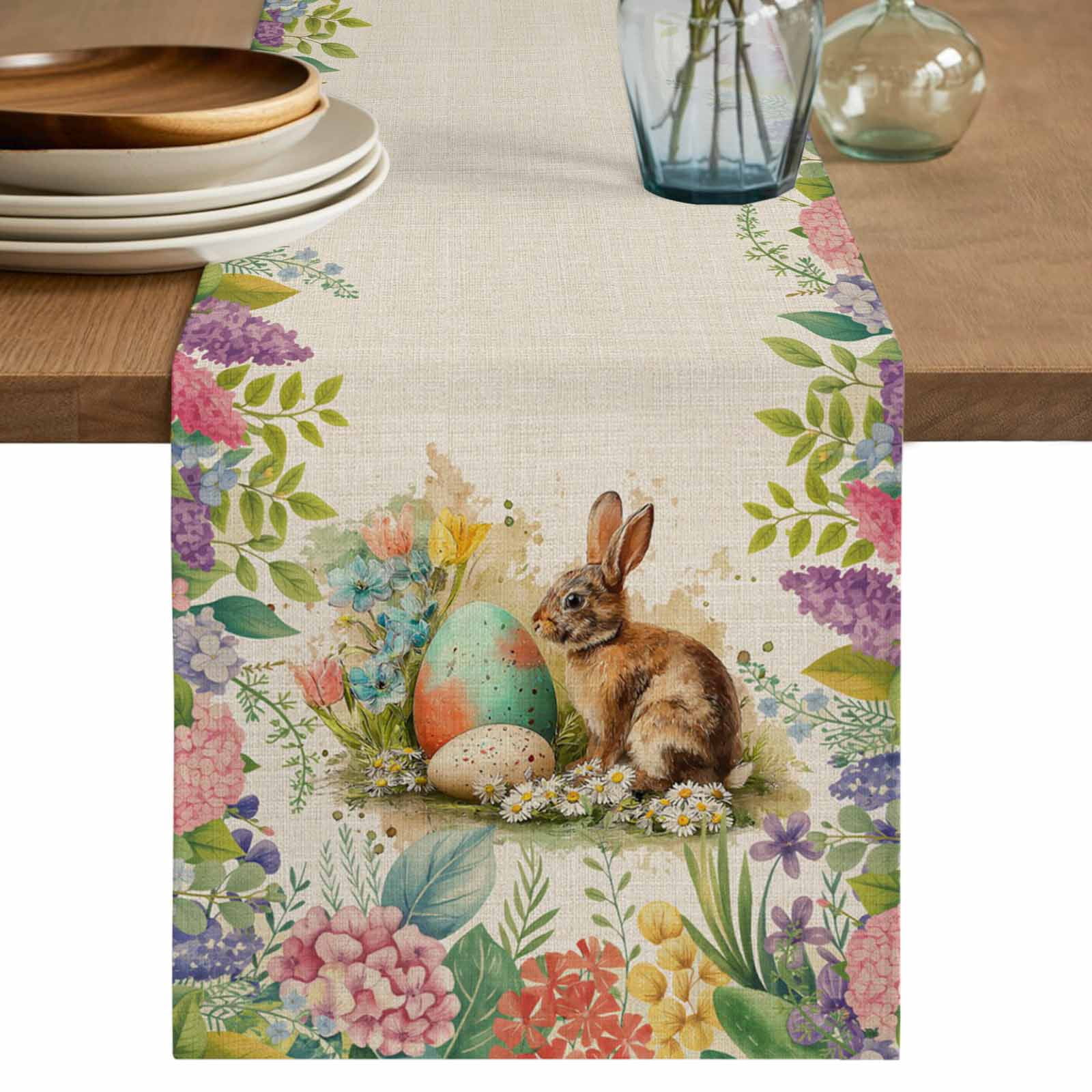 Easter Bunny Table Runner 72 Inches, Spring Floral Blossom Easter Eggs ...