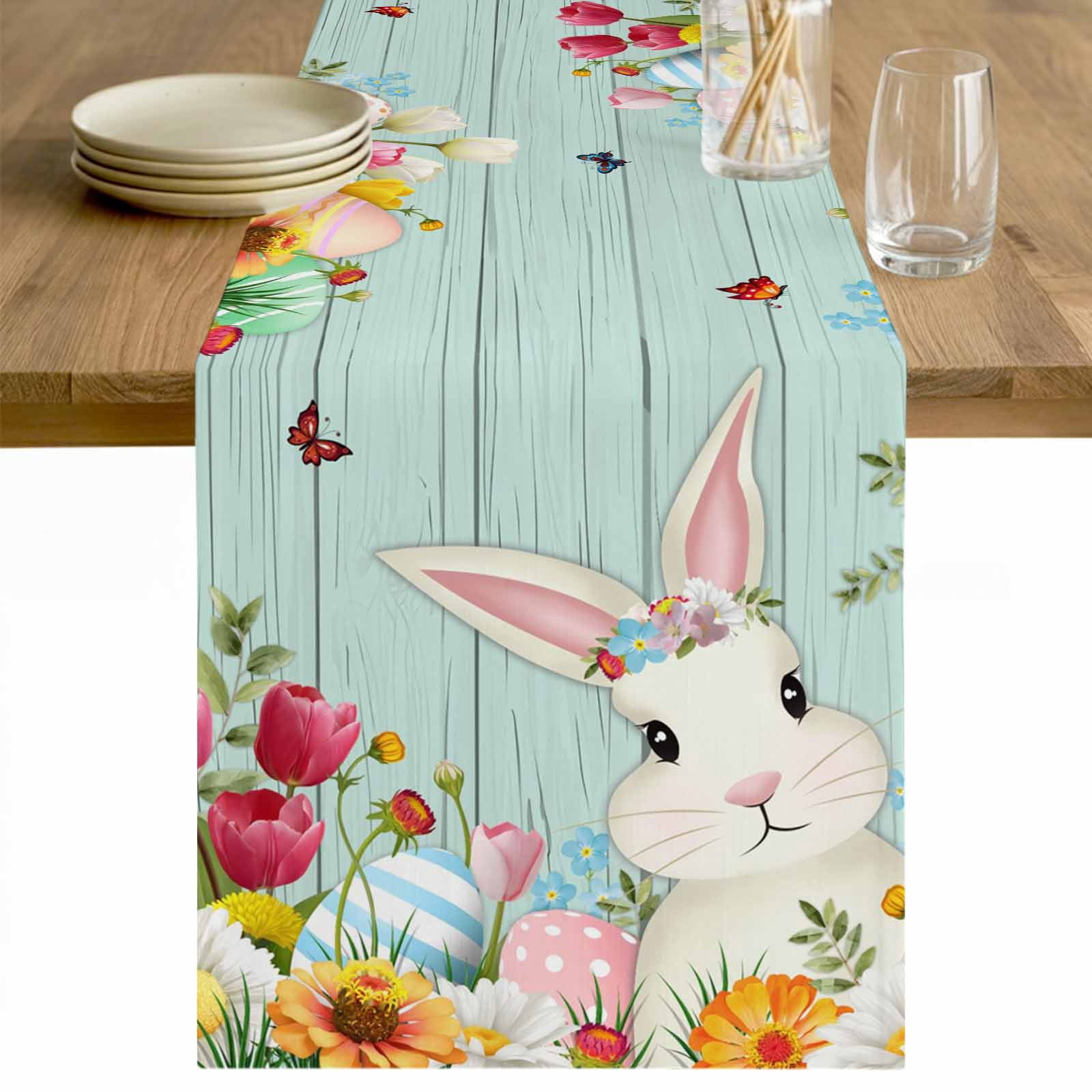 Easter Bunny Table Runner - 90 Inch Long Farmhouse Watercolor Eggs ...