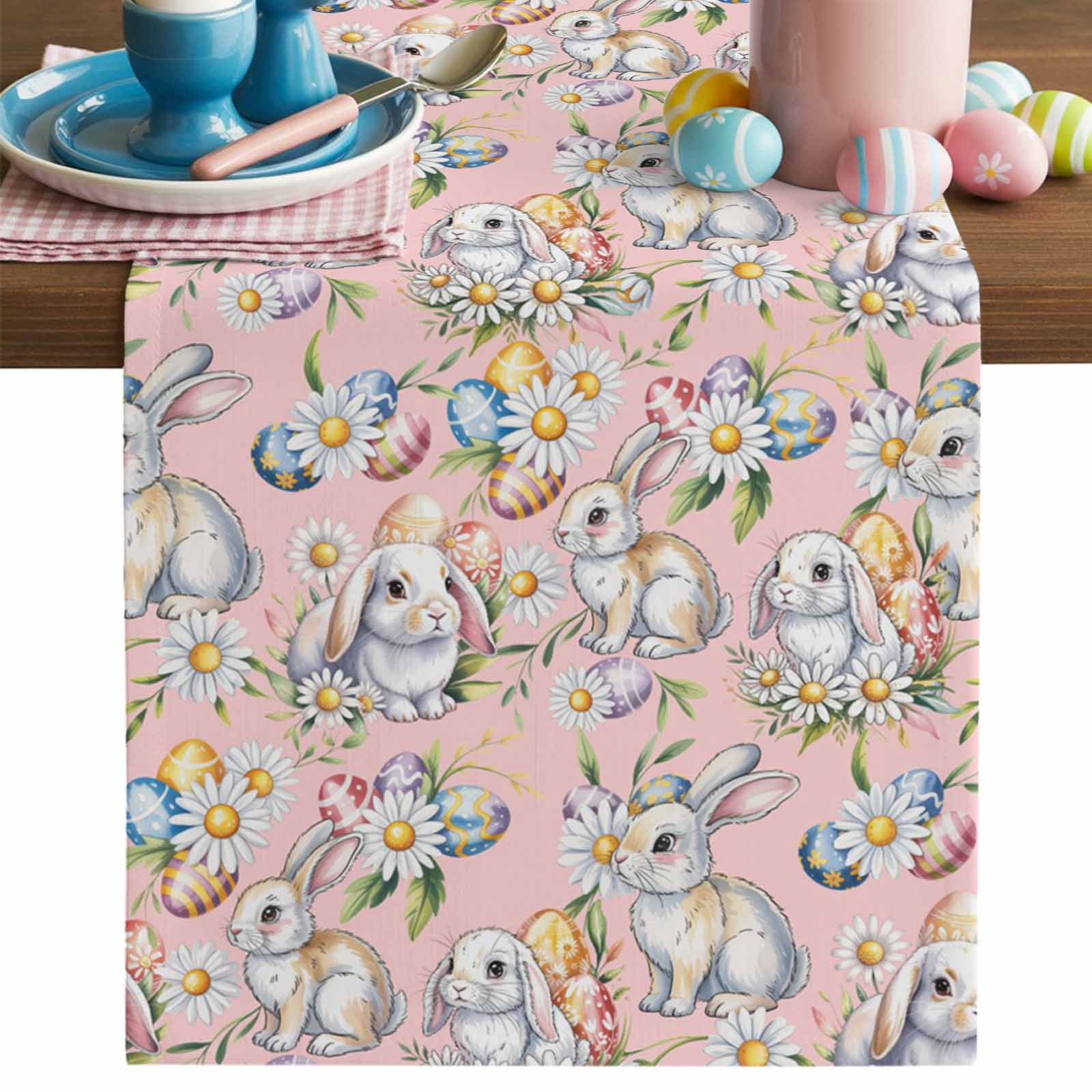 Easter Bunny Table Runner, Abstract Watercolor Rabbits Colorful Flower ...