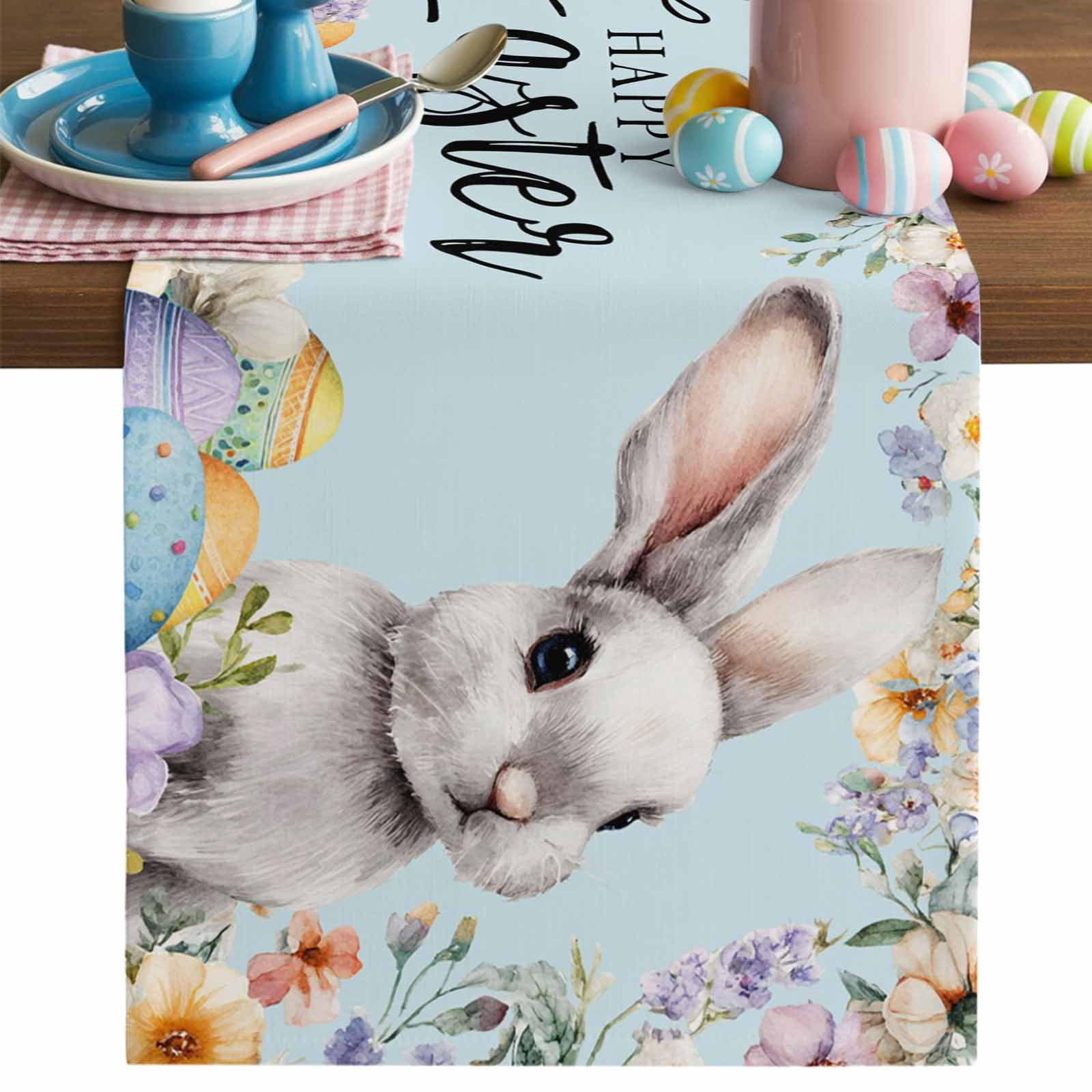 Easter Bunny Table Runner, Cute Rabbits Eggs Watercolor Flower Floral ...
