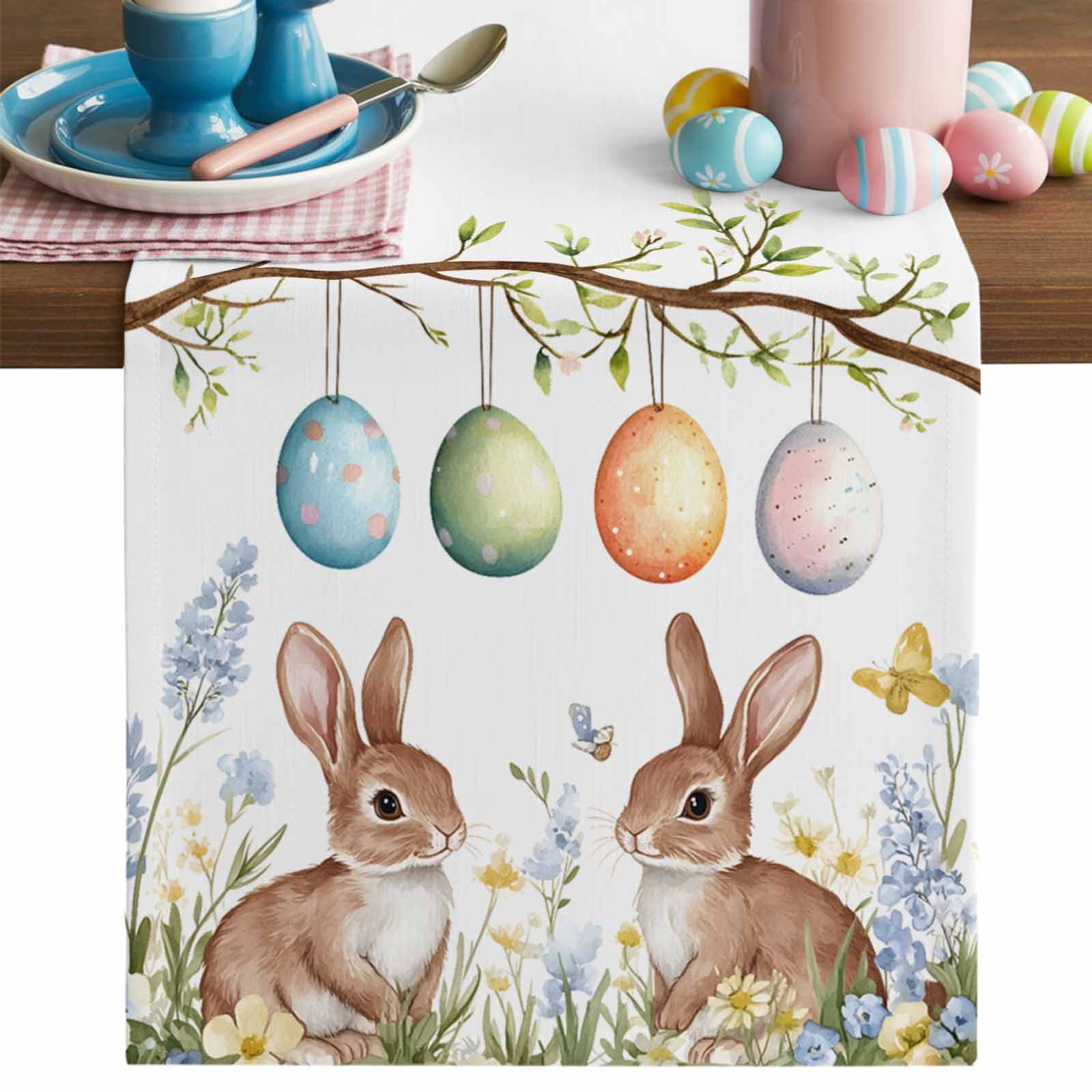 Easter Bunny Table Runner, Easter Eggs Cotton Linen Kitchen Table ...