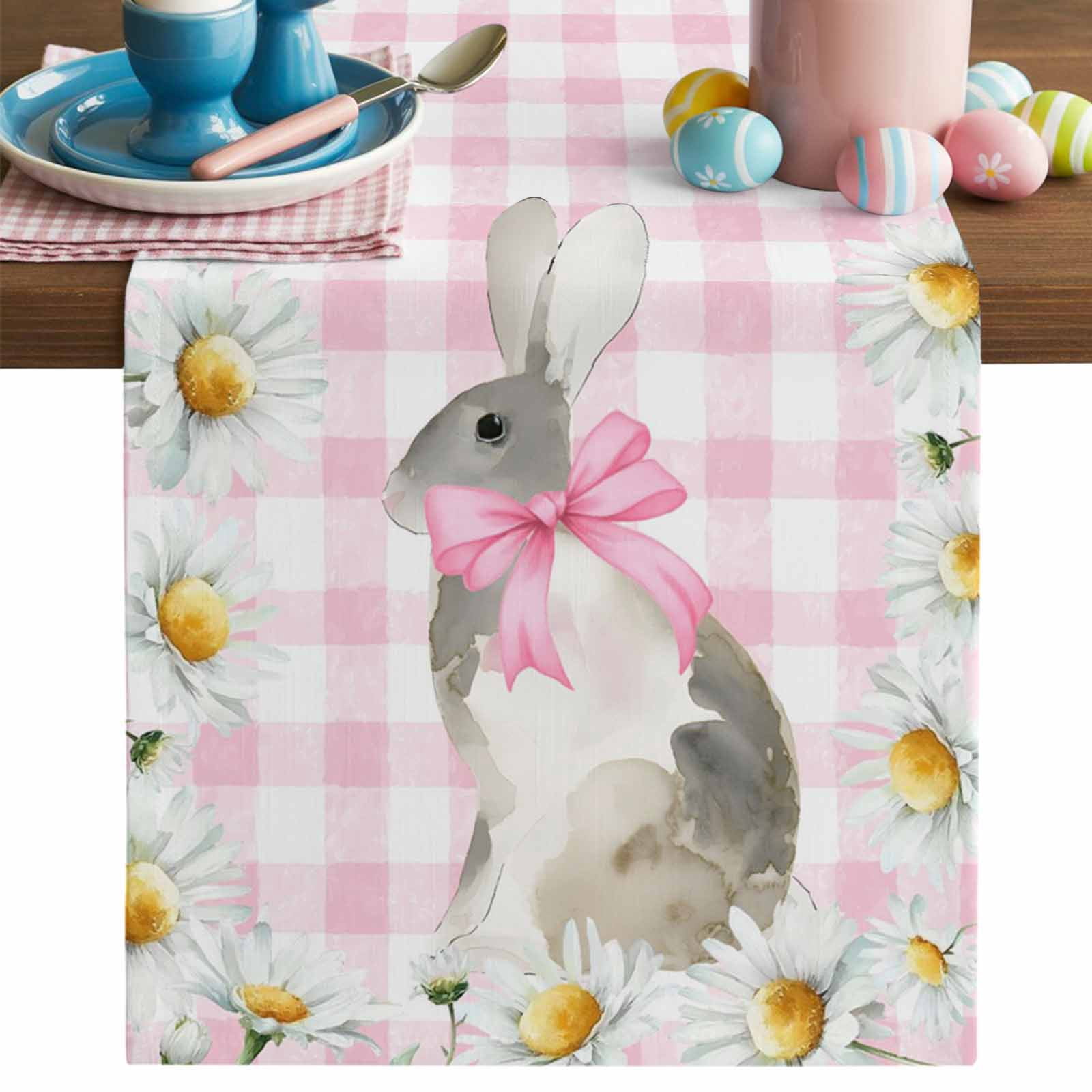 Easter Bunny Table Runner, Spring Bow Rabbit White Daisy Floral Pink ...