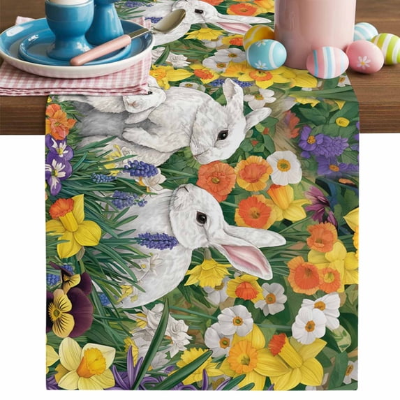 Easter Bunny Table Runner, Spring Rabbits Yellow White Purple Floral ...