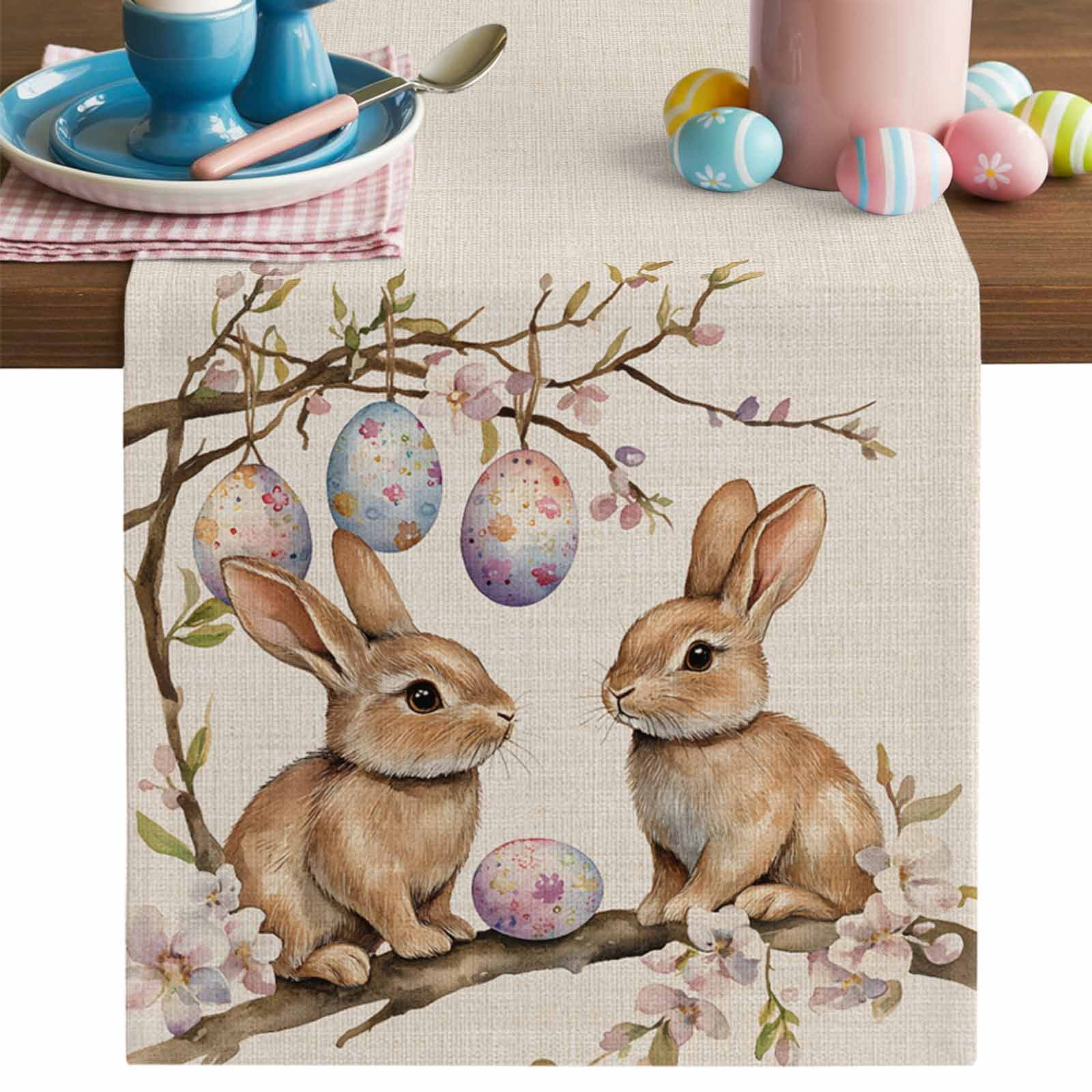 Easter Bunny Table Runner, Vintage Pink Blue Eggs Branch Leaf Spring ...