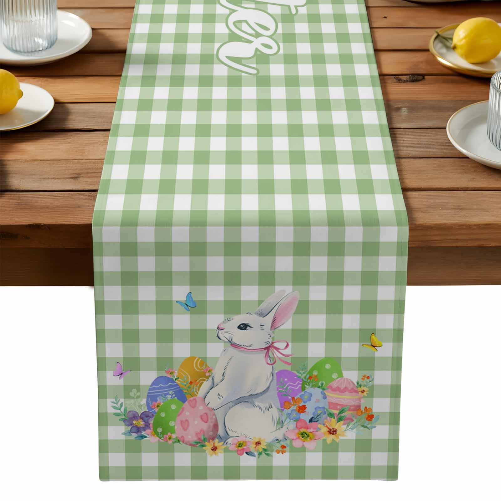 Easter Bunny Table Runner, Watercolor Spring Colorful Flower Eggs Green ...