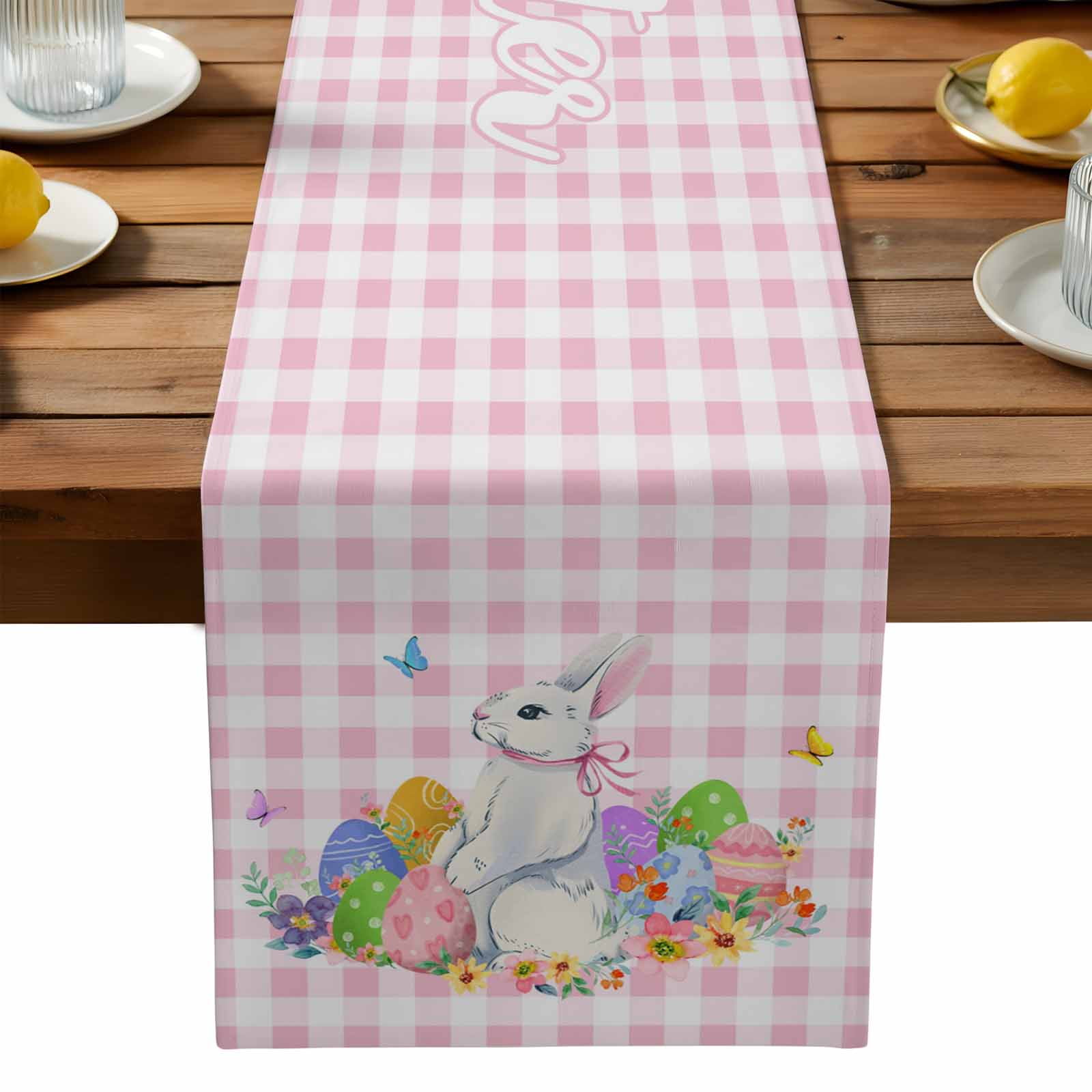 Easter Bunny Table Runner, Watercolor Spring Colorful Flower Eggs Pink ...