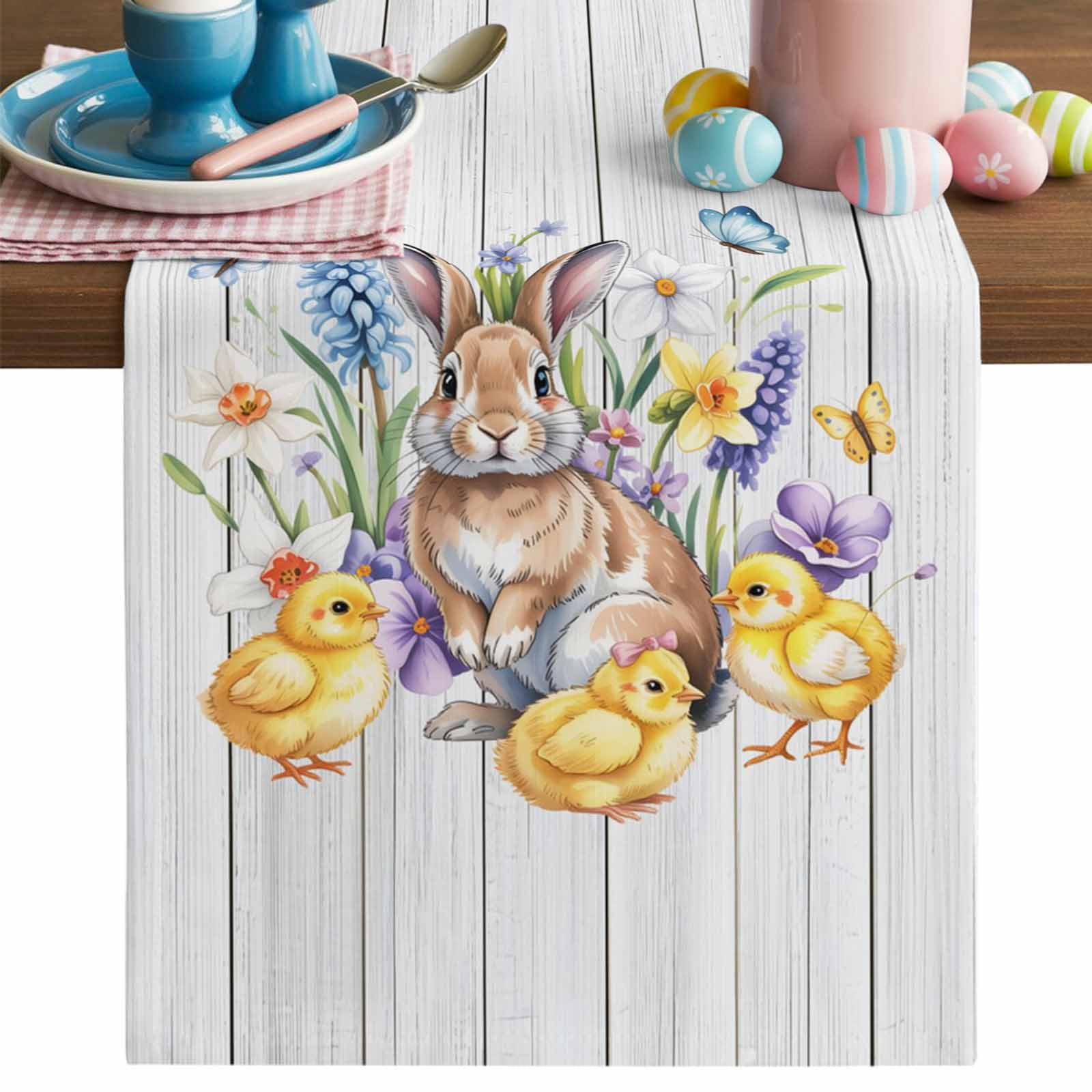 Easter Bunny Table Runner, Watercolor White Blue Purple Floral Yellow ...