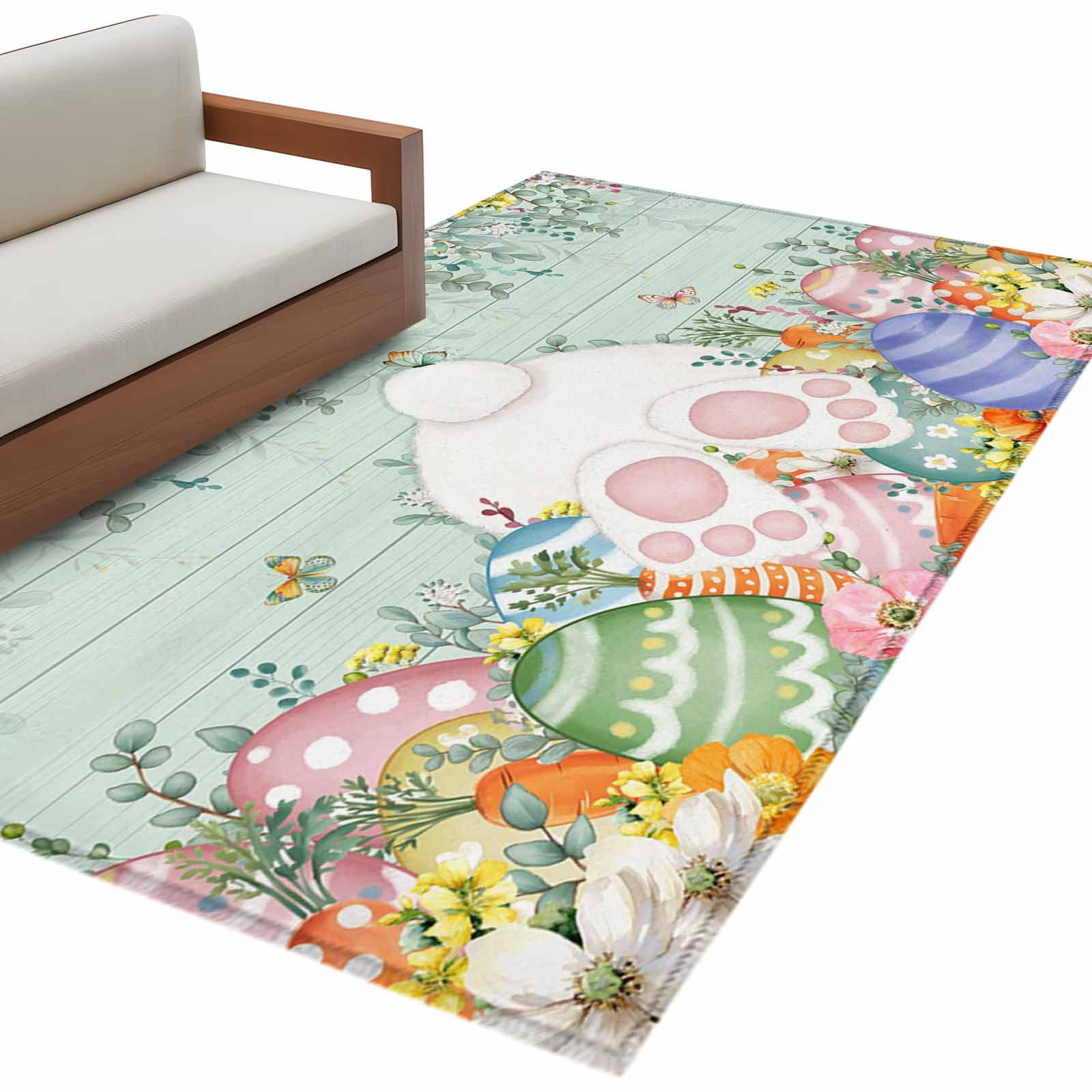 Easter Bunny Tail Area Rugs 4x6ft Spring Colored Eggs Floral Leaf Teal ...