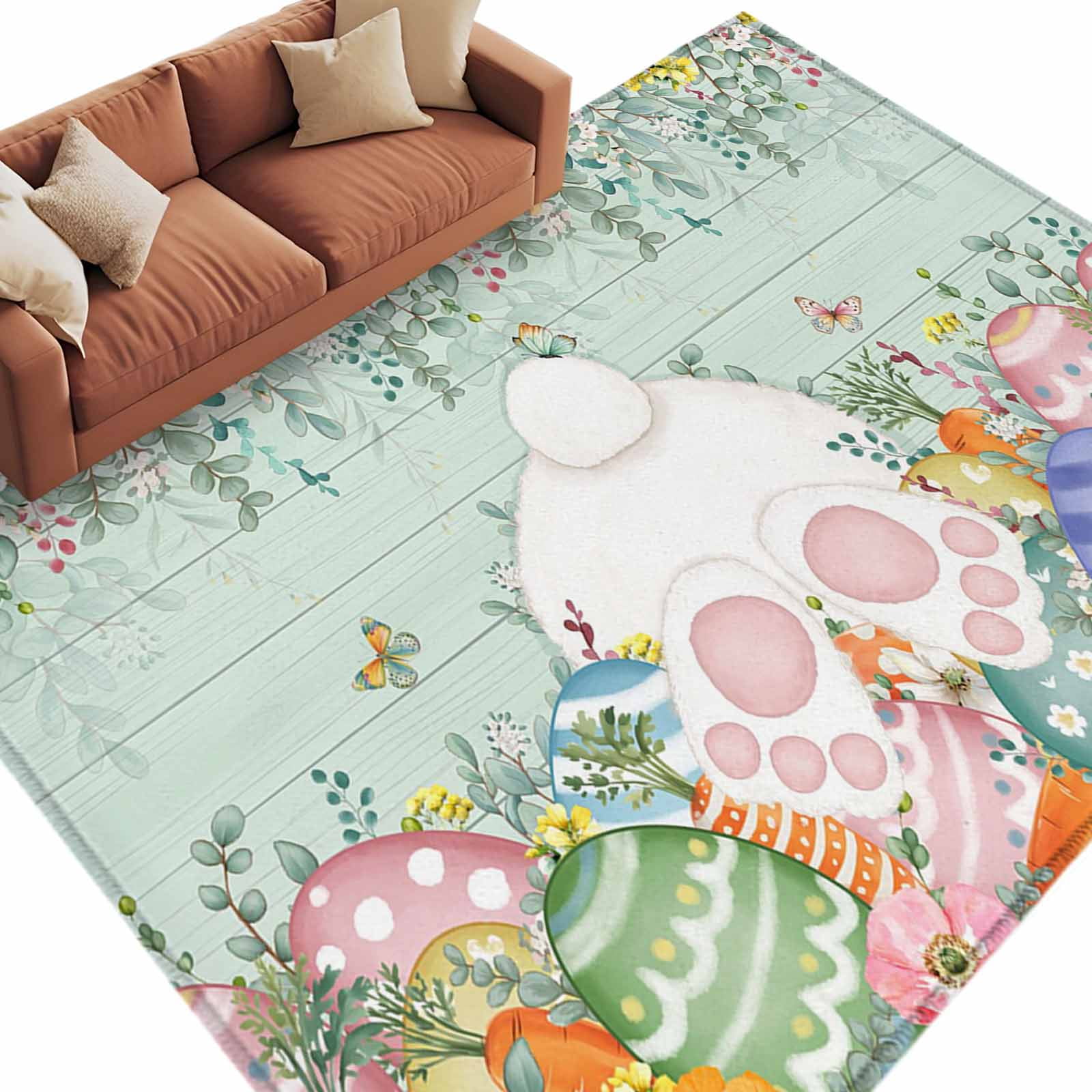 Easter Bunny Tail Area Rugs 5x8ft Spring Colored Eggs Floral Leaf Teal ...