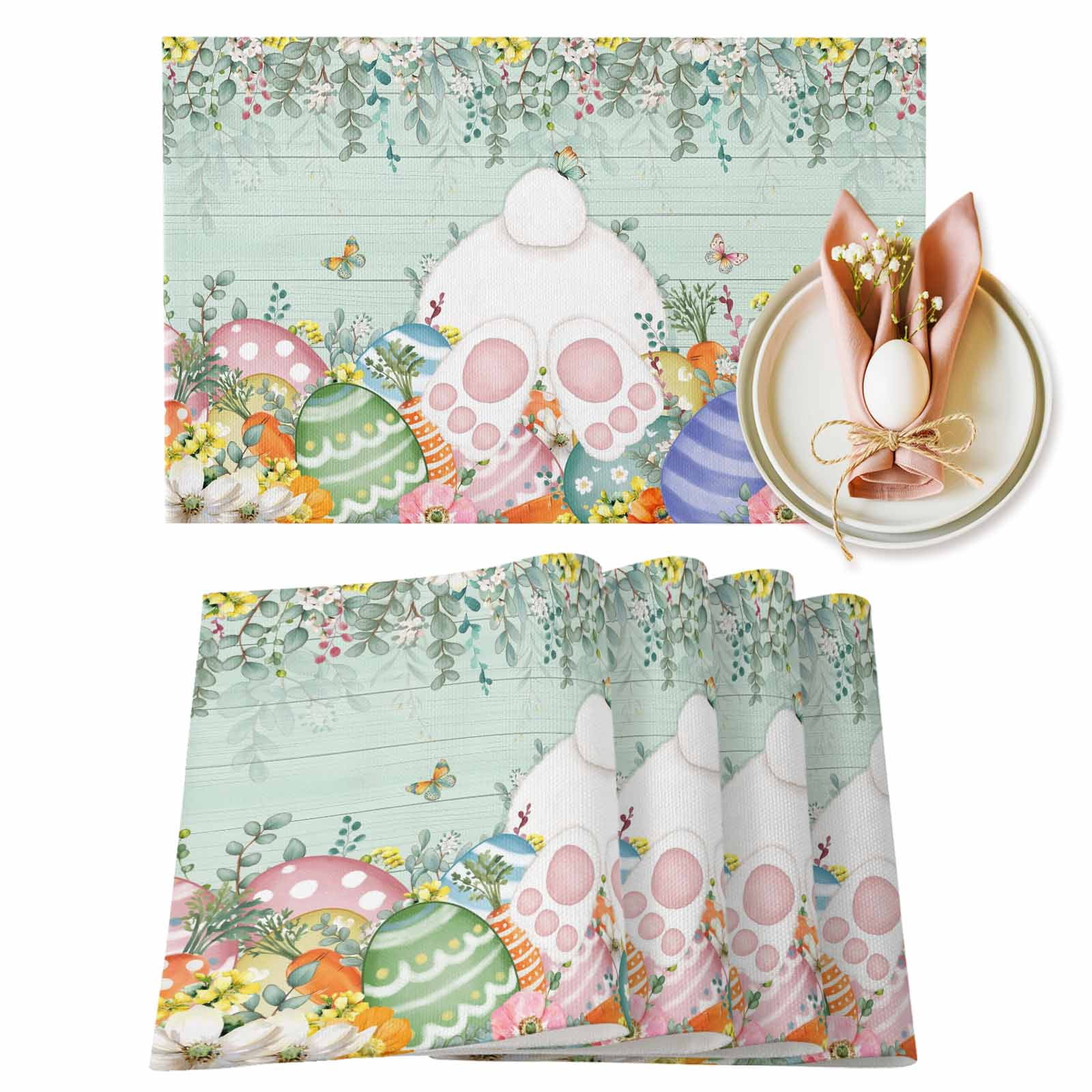 Easter Bunny Tail Placemats Set of 6, Spring Colored Eggs Floral Leaf ...