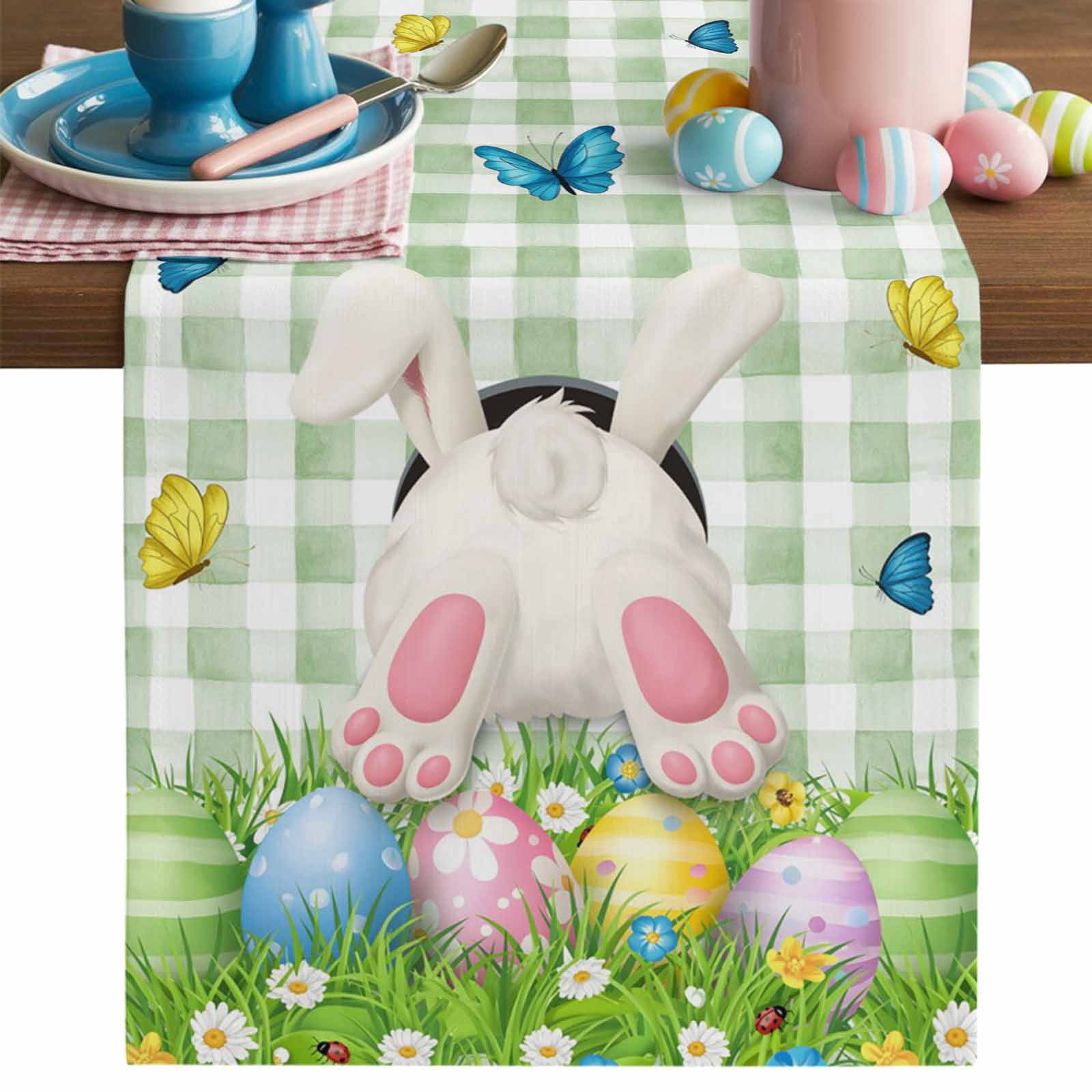Easter Bunny Tail Table Runner, Spring Floral Colorful Easter Eggs ...