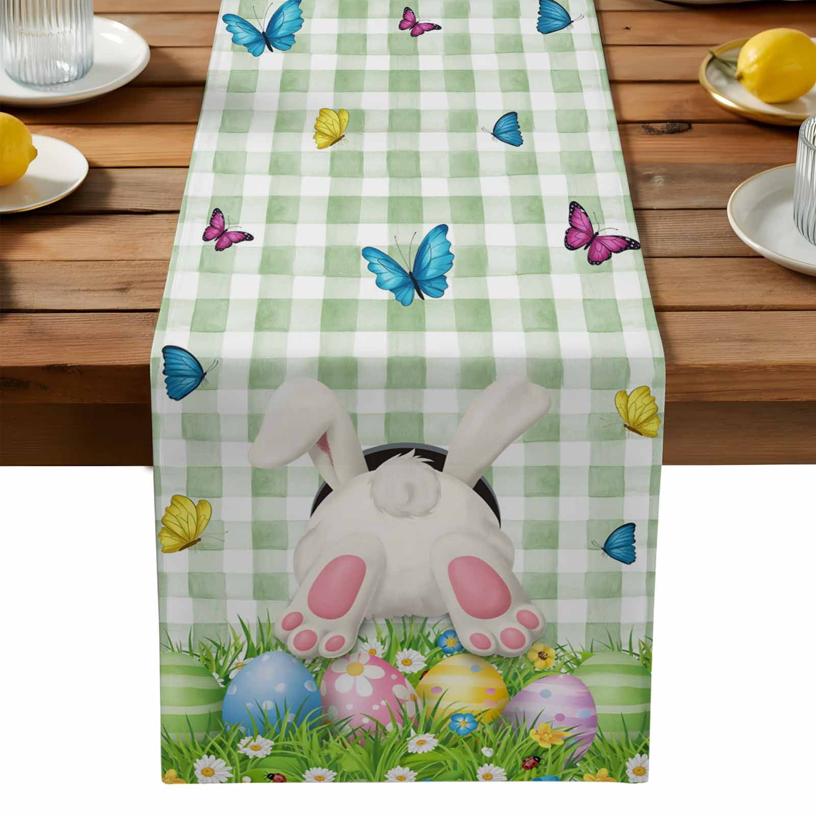 Easter Bunny Tail Table Runner, Spring Floral Colorful Easter Eggs ...