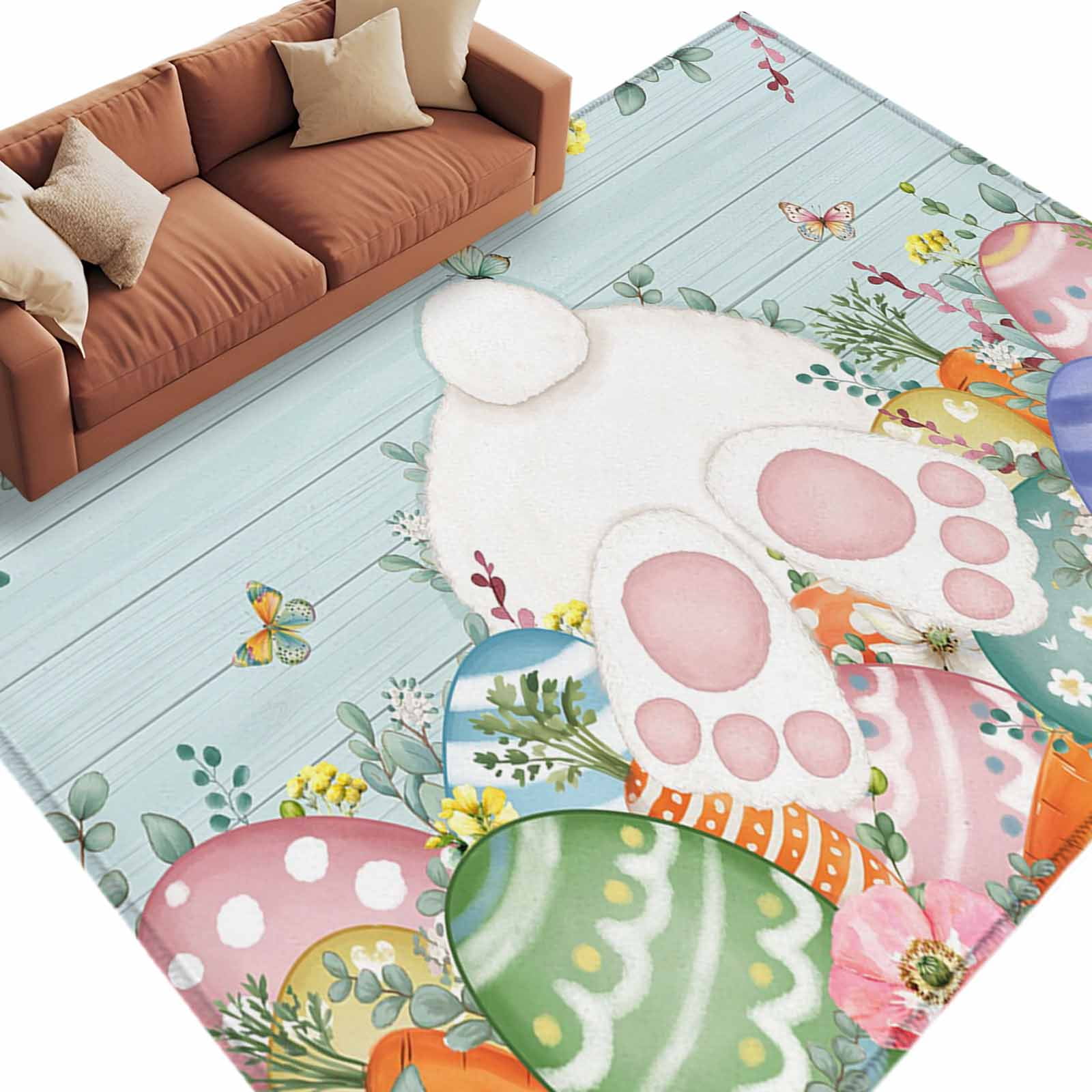 Easter Bunny Tail Washable Area Rug 5 x 7 ft Spring Colored Eggs Floral ...