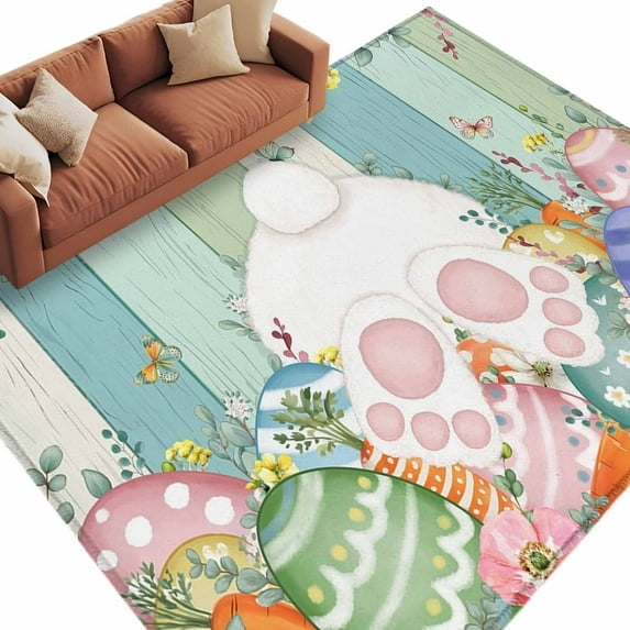 Easter Bunny Tail Washable Area Rug 8 x 10 ft Spring Colored Eggs ...