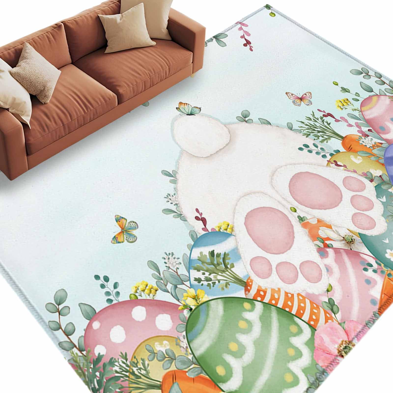 Easter Bunny Tail Washable Area Rug 8 x 10 ft Spring Colored Eggs ...