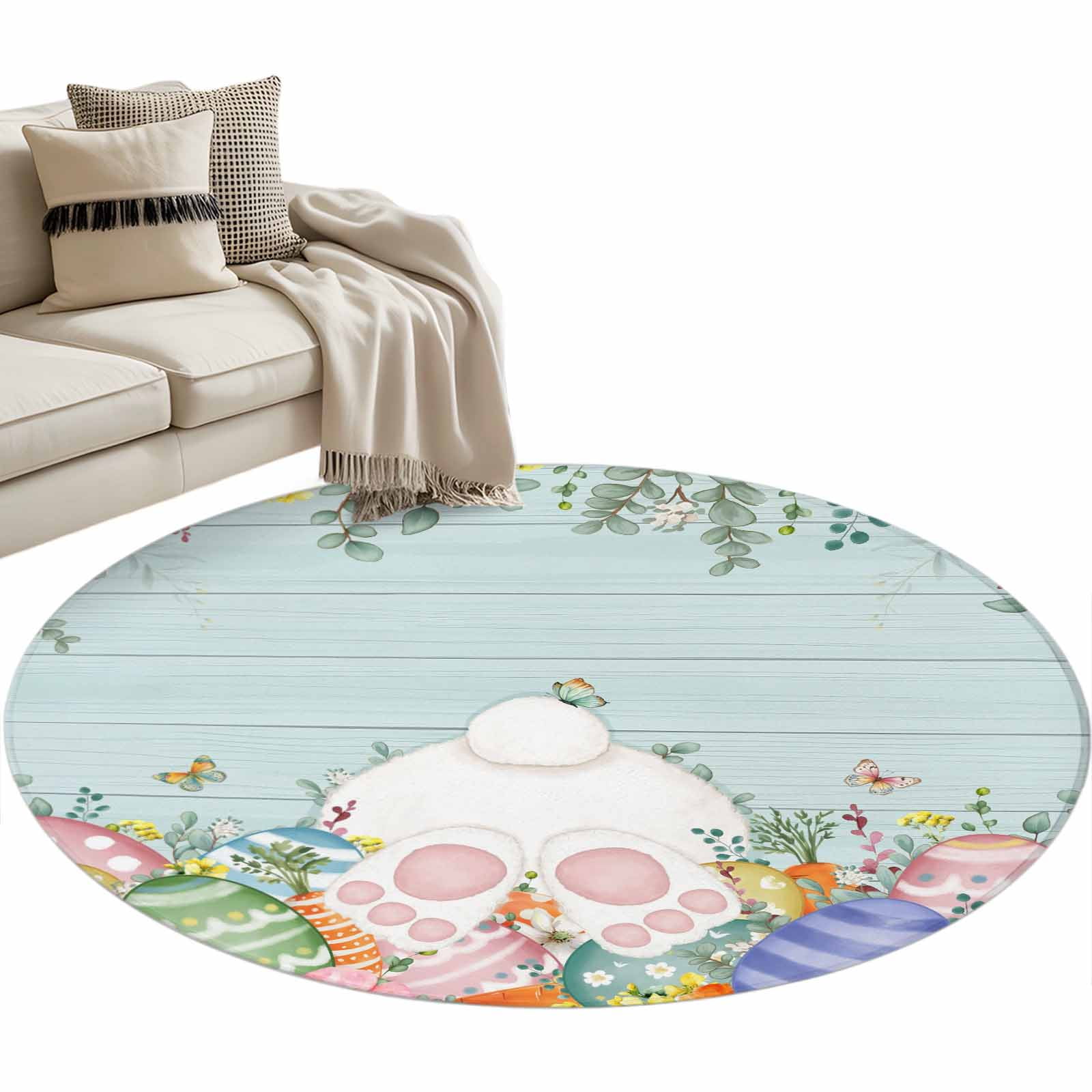 Easter Bunny Tail Washable Round Area Rug 3 ft, Spring Colored Eggs ...