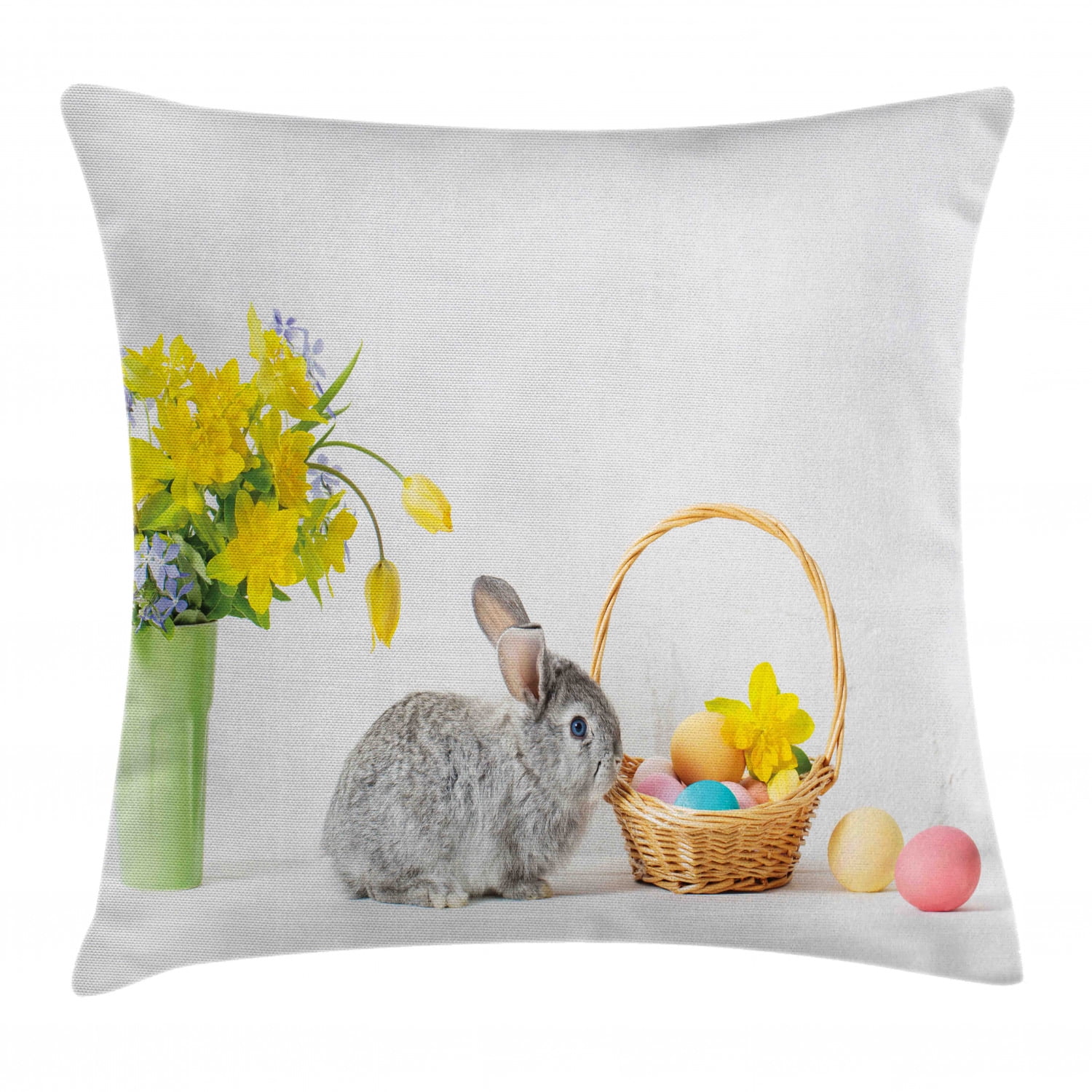 Easter Bunny Throw Pillow Cushion Cover, Vivid Yellow Flowers Grey ...