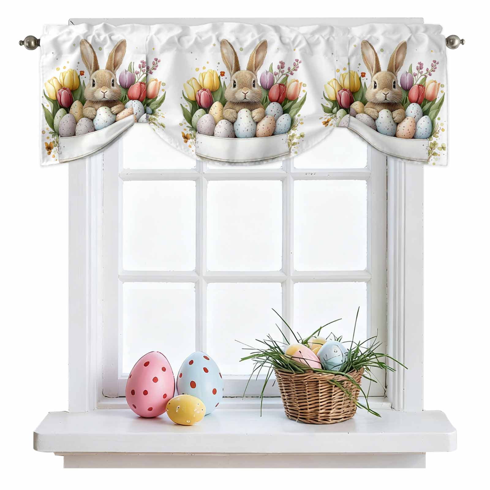 Easter Bunny Tie Up Valances Curtain, Watercolor Cartoon Rabbit Blue ...