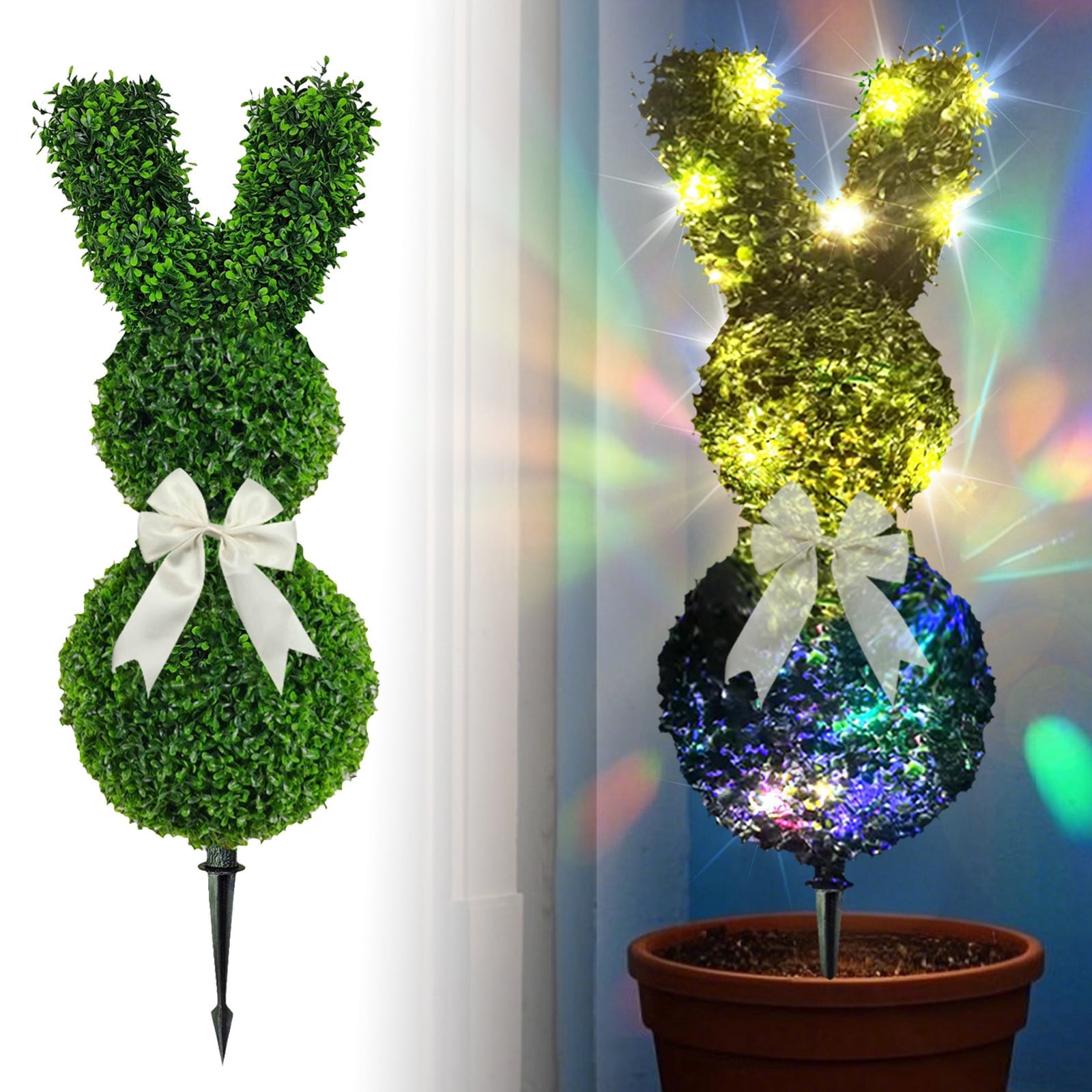 Easter Bunny Topiary with String Lights, 3 Ft - Green Artificial Bunny ...