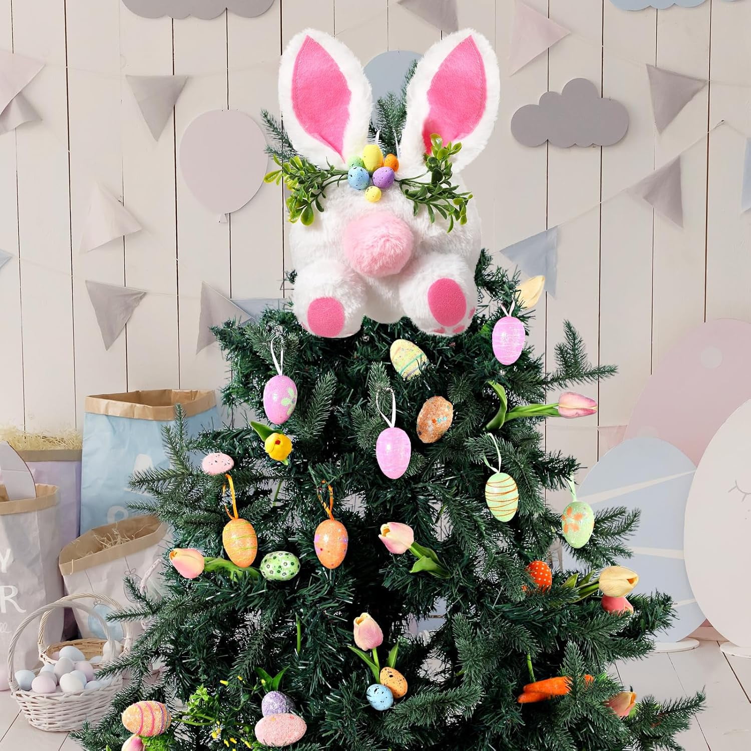 Easter Bunny Tree Topper Decoration Spring Plush Rabbit Easter Basket ...