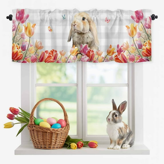 Easter Bunny Valances for Windows, Rabbit Tulip Butterfly Grey Plaid ...