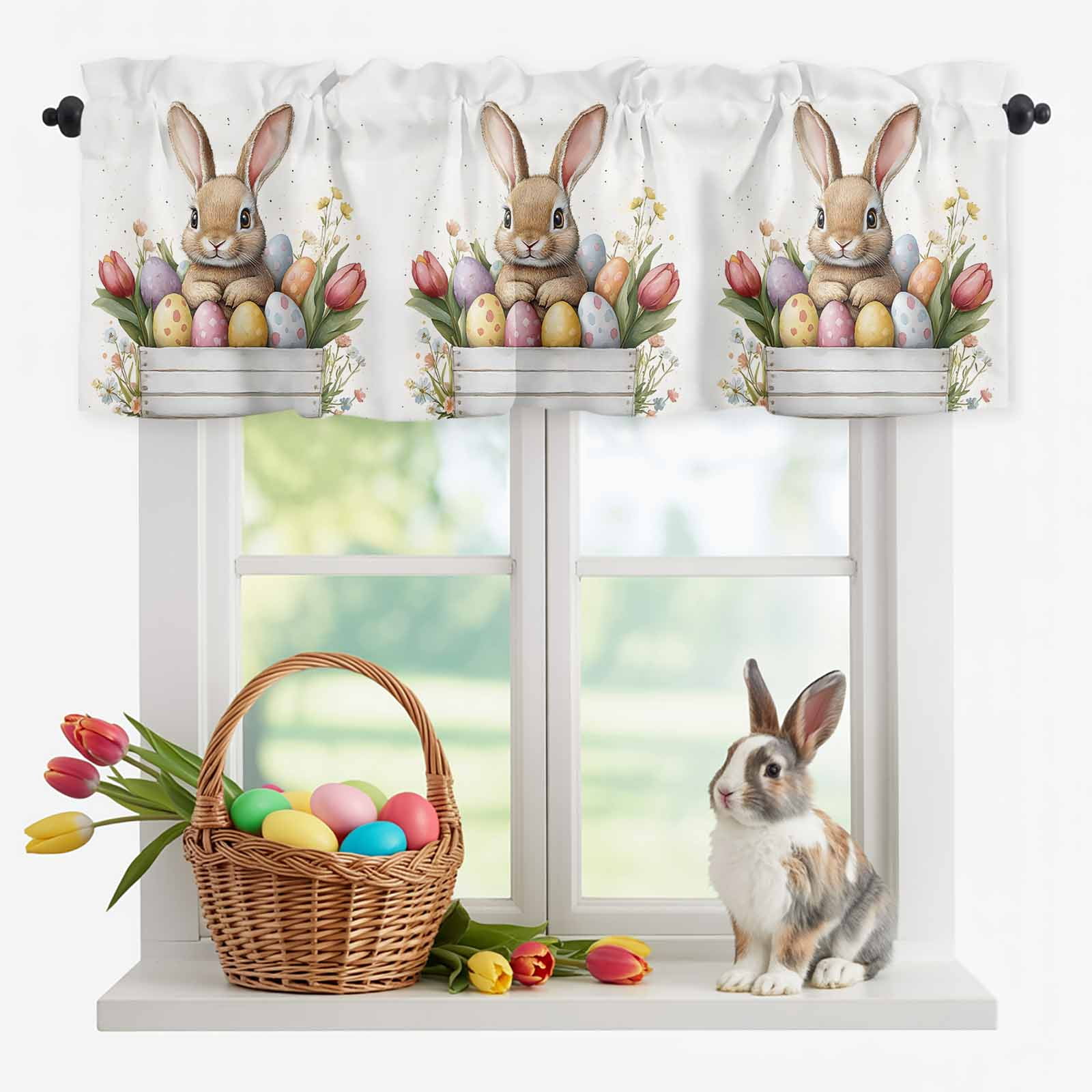 Easter Bunny Valances for Windows, Watercolor Cartoon Rabbit Purple ...
