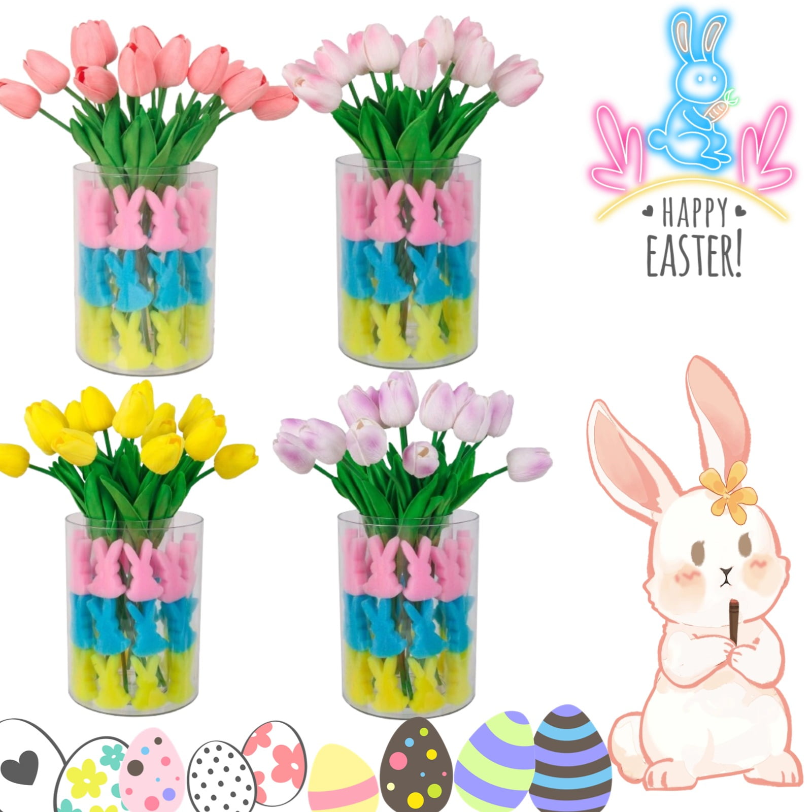 Easter Bunny Vase Filler Decorations, 16 PCS Tulips Artificial Flowers ...