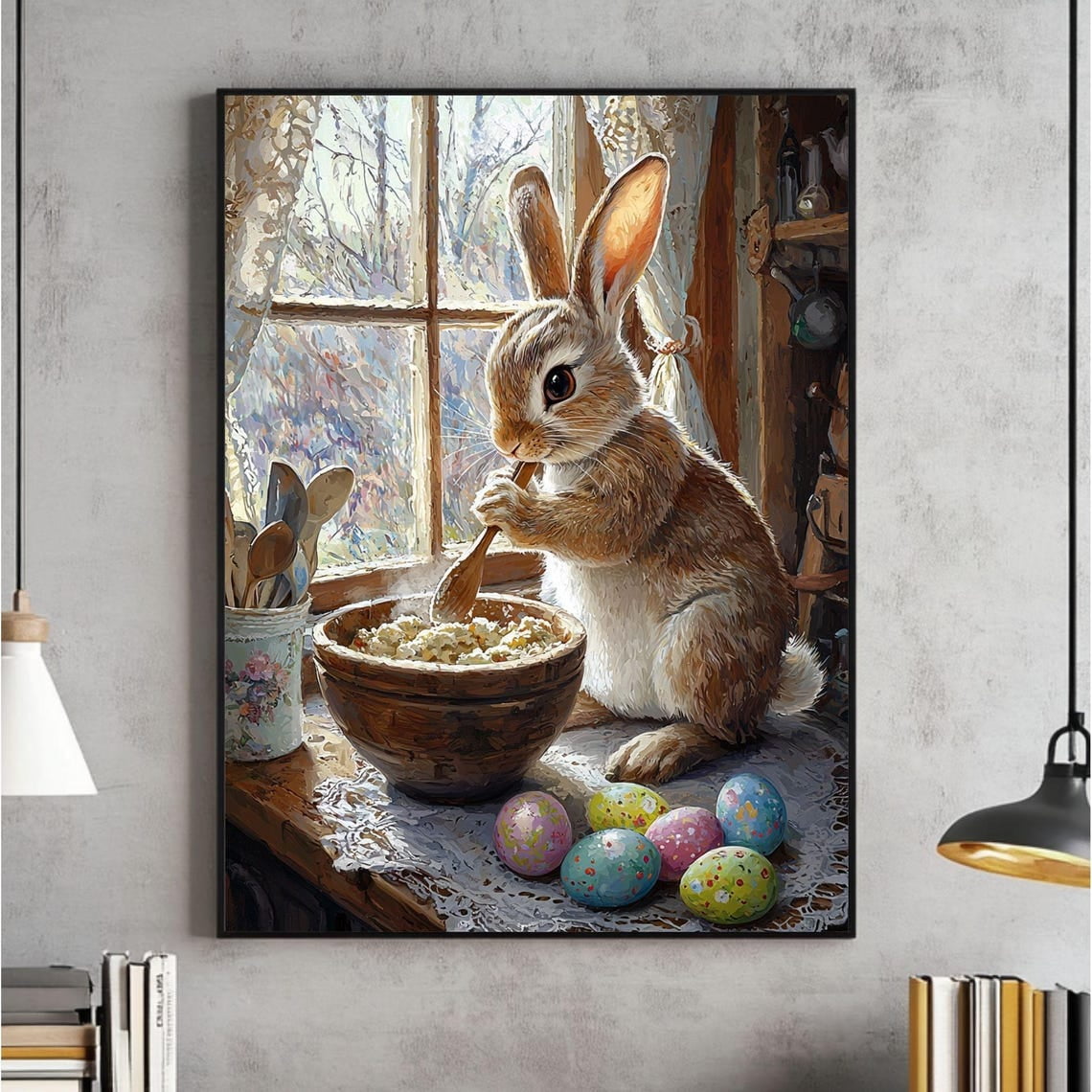 Easter Bunny Wall Art Kitchen Wall Art, Storybook Oil, Rustic Spring ...