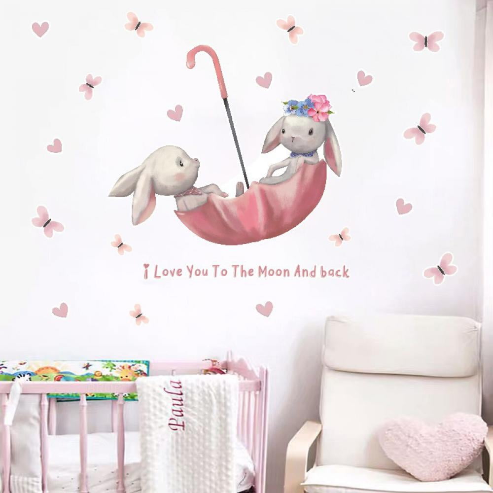 Easter Bunny Wall Stickers Removable Pink Rabbit Butterflies Wall ...