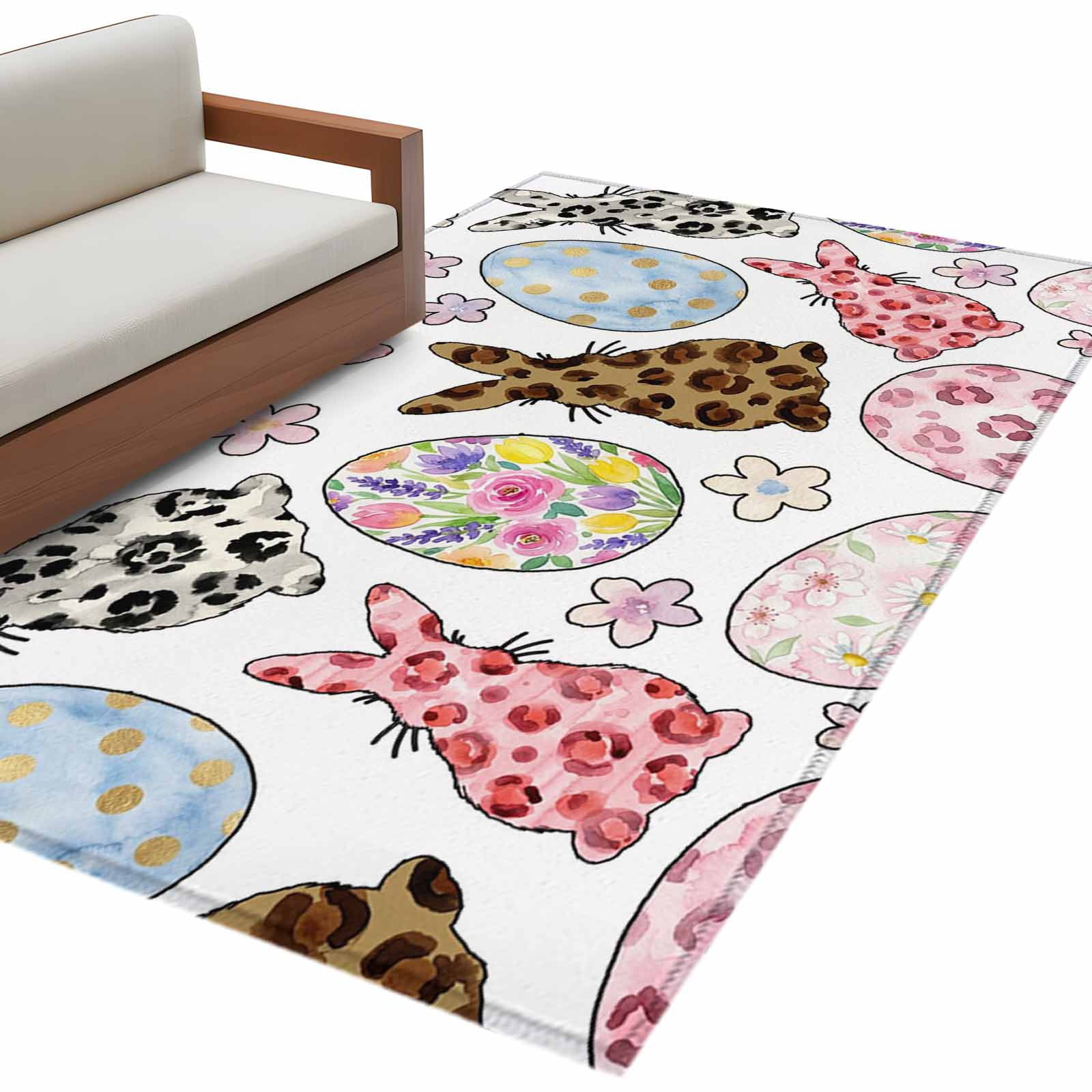 Easter Bunny Washable Area Rug 2.7 x 5 ft Leopard Rabbits Pink Blue ...