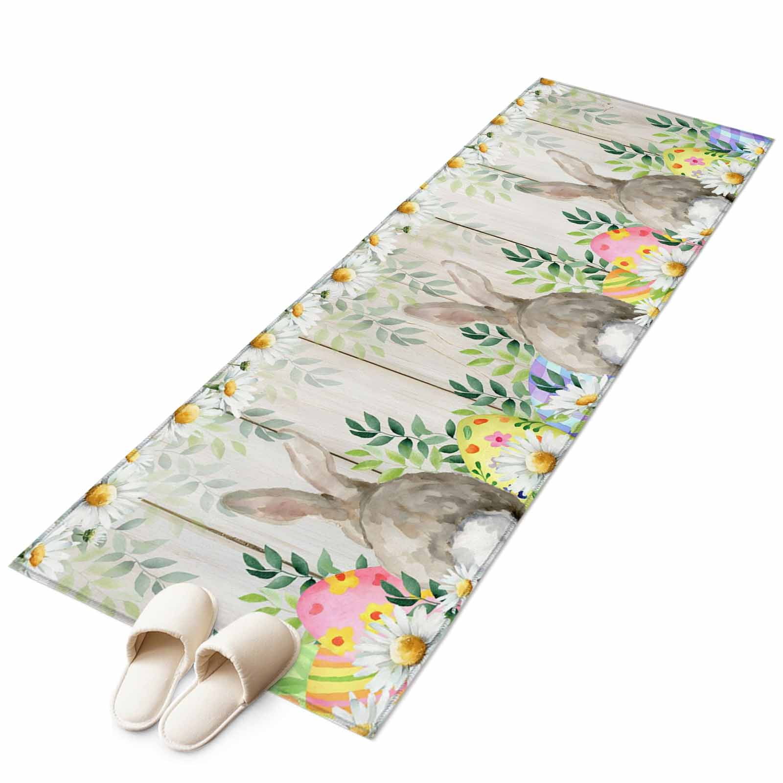 Easter Bunny Washable Area Rug 2 x 6 ft Spring Gray Rabbit Daisy Floral ...