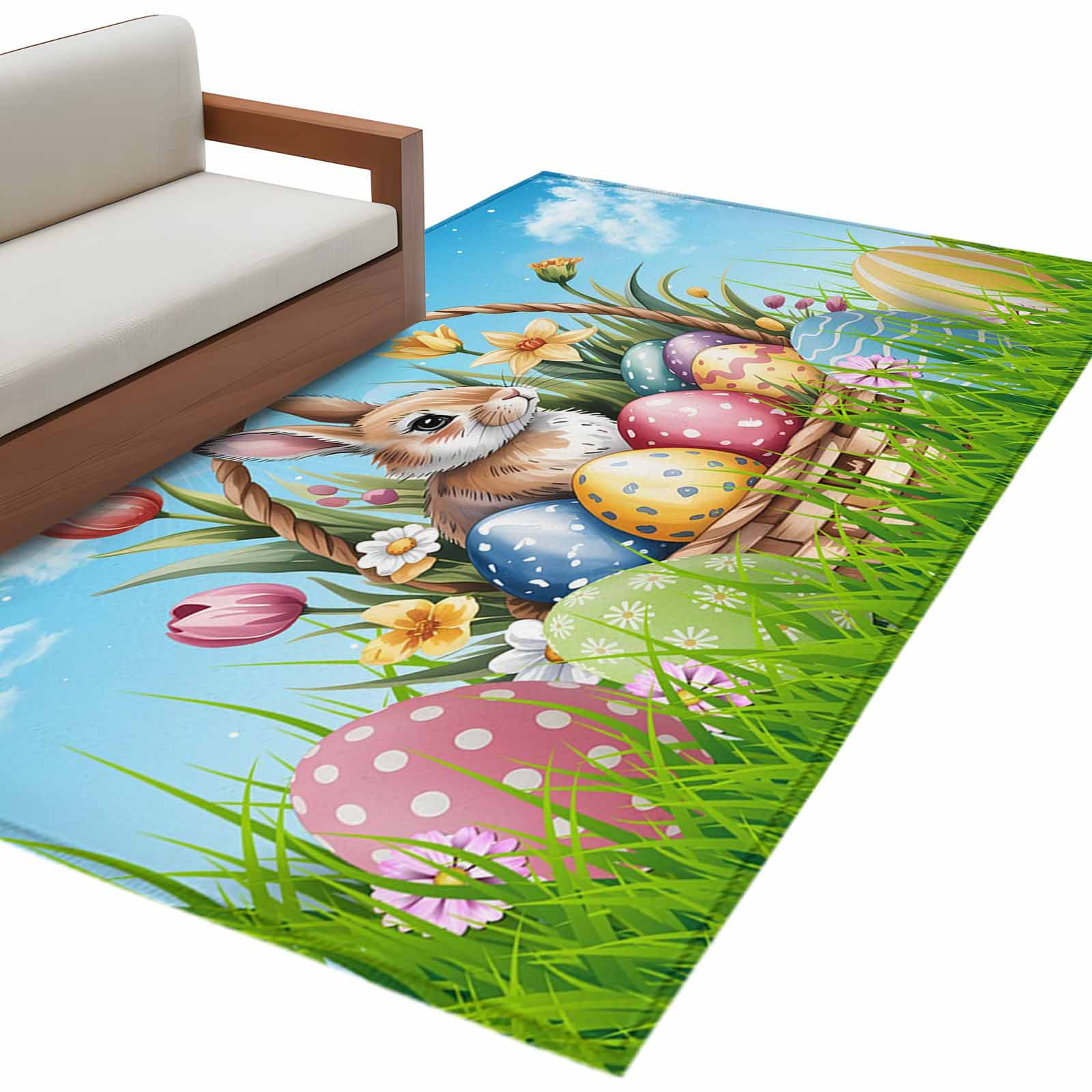 Easter Bunny Washable Area Rug 3 x 5 ft Colorful Egg Blue Sky Cloud ...