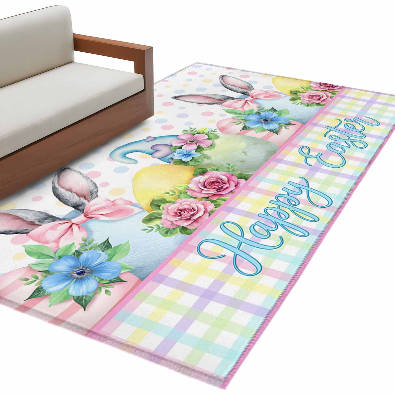Easter Bunny Washable Area Rug 3 x 5 ft Colorful Eggs Pink Rose Flower ...